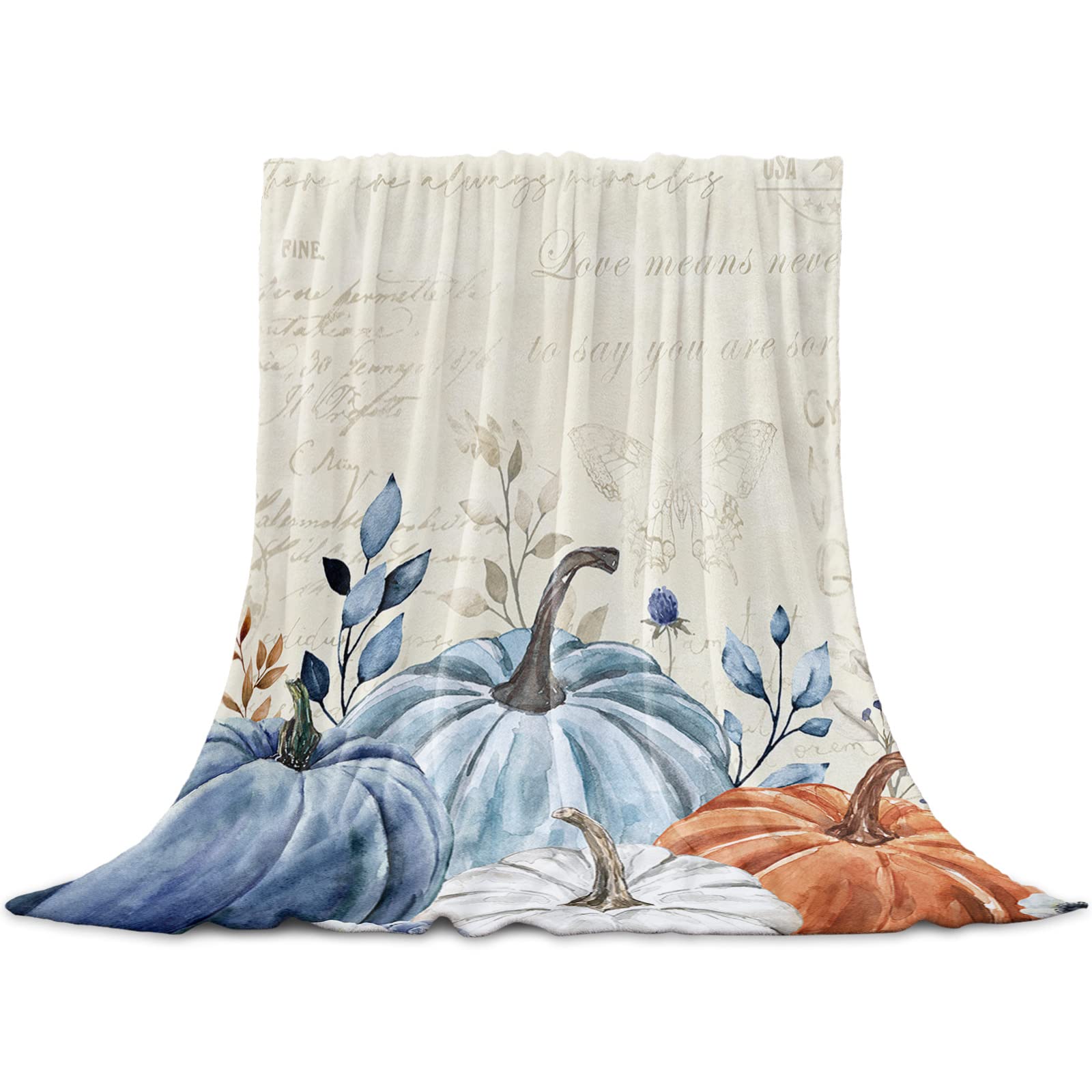 Amazon.com: Blue Pumpkins Fall Throw Blanket Thanksgiving White Orange ...