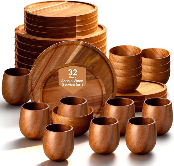 Amazon.com | 32pcs Acacia Wood Dinnerware Set, Unbreakable Wooden ...