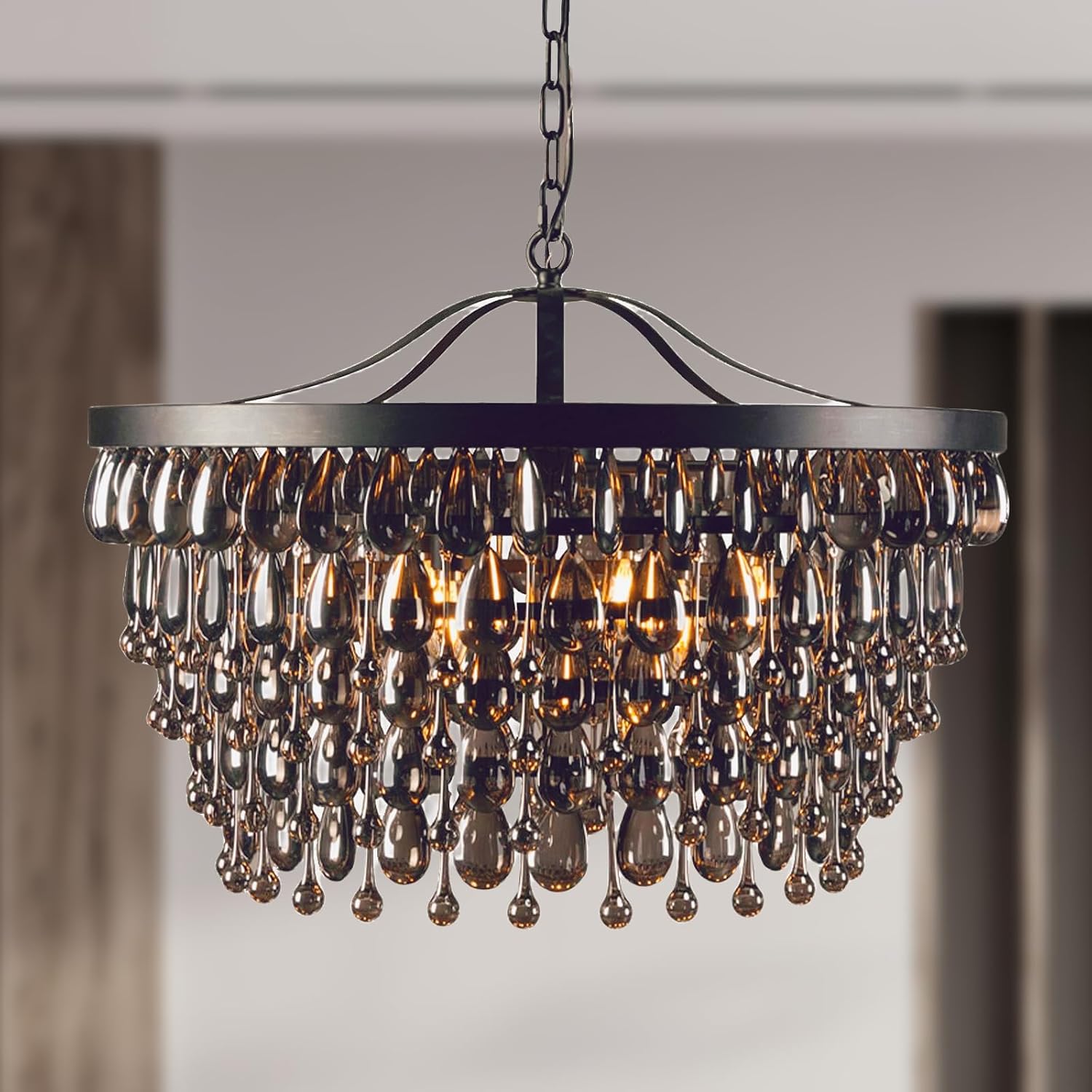 28 Inch Round Black Crystal Chandelier, Vintage Crystal Light Fixture ...