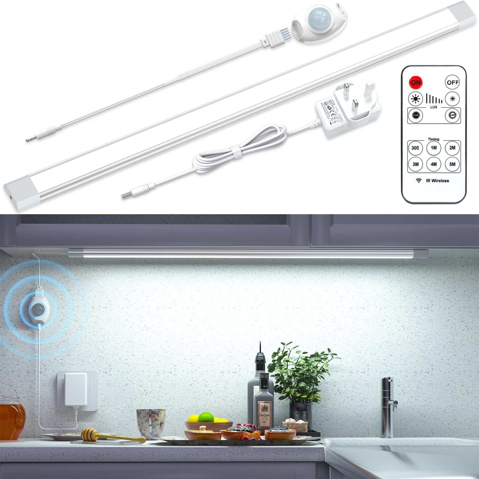 LED Motion Sensor Cabinet Lights, 60CM Dimmable Under Cupboard Kitchen ...