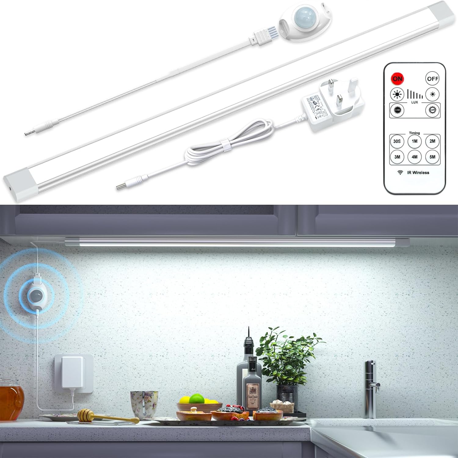LED Motion Sensor Cabinet Lights, 60CM Dimmable Under Cupboard Kitchen ...