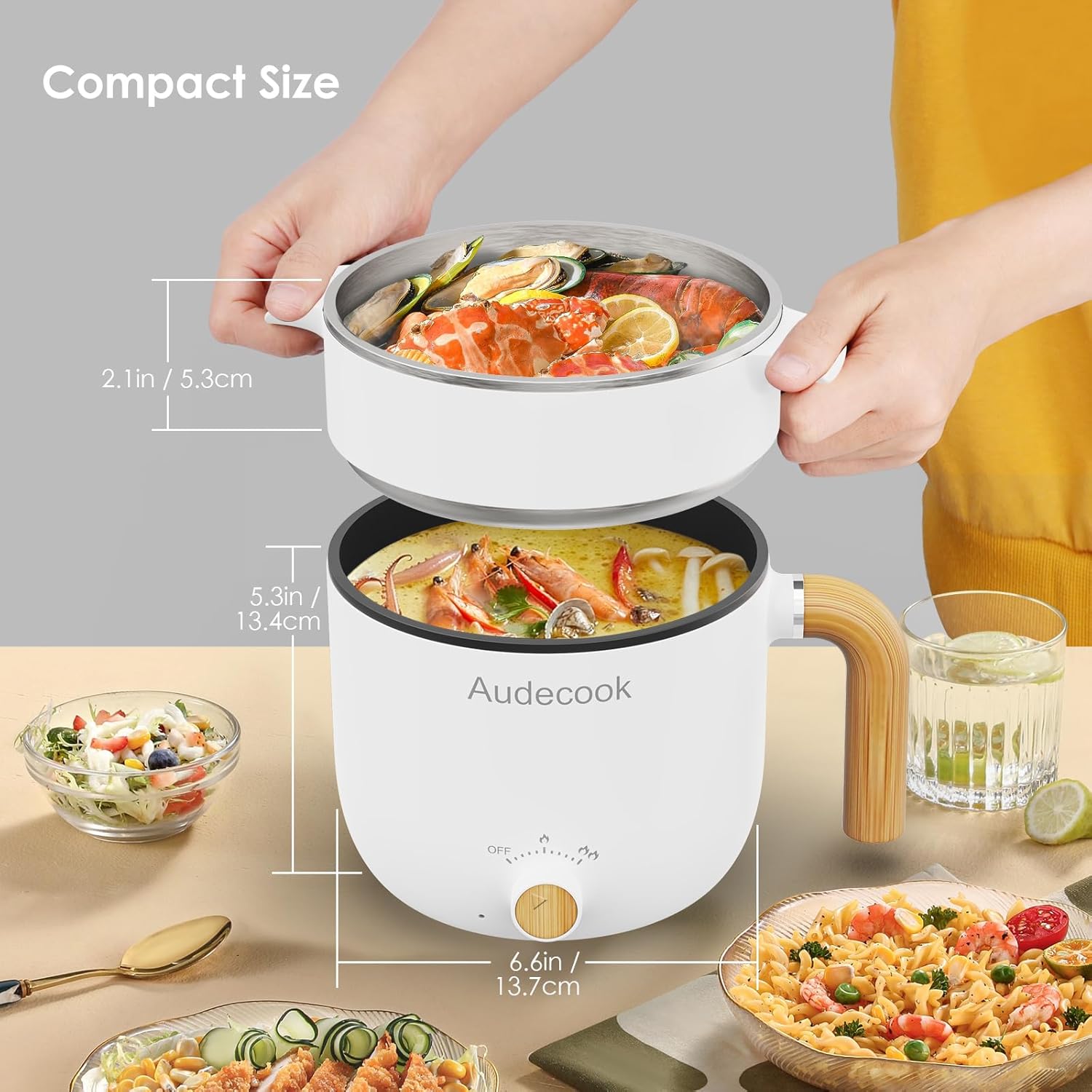 Audecook Electric Hot Pot with Steamer, 1.5L Portable Non-Stick Mini ...