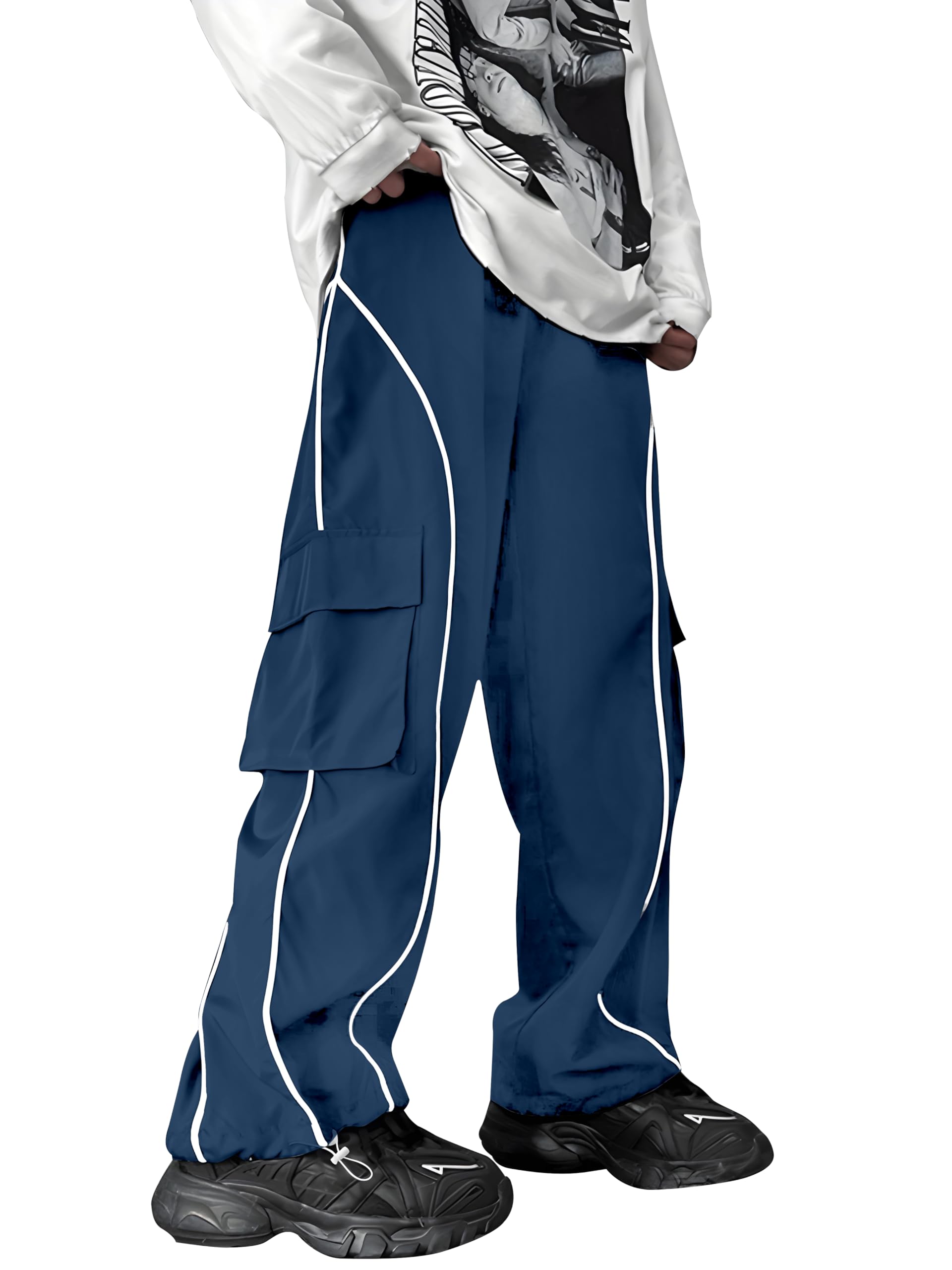 Buy Cargo Pants with White Piping, Black Streetwear Track Pants, Side ...