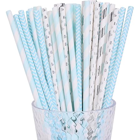 Amazon.com: ALINK Biodegradable Light Blue White Paper Straws, Pack of ...