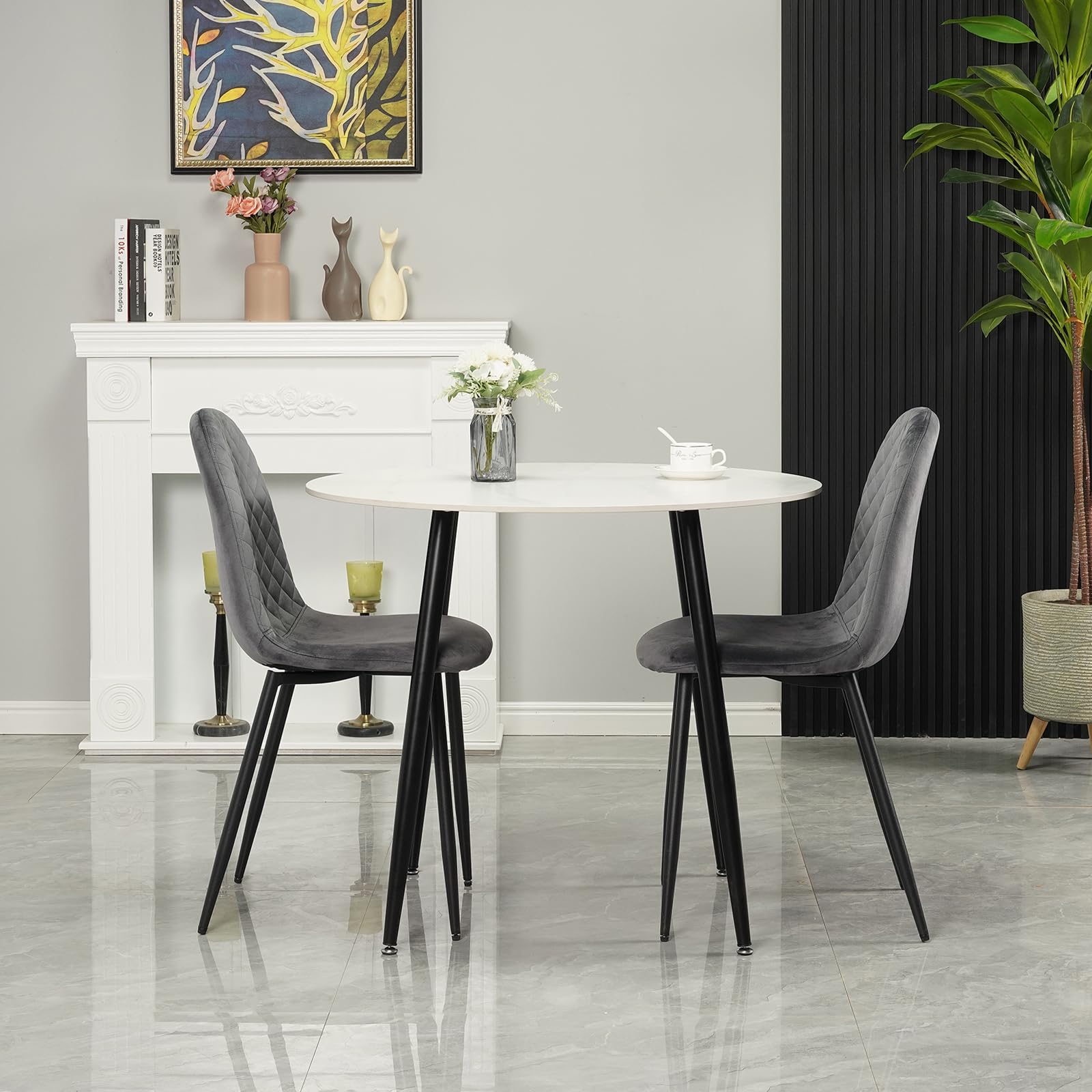HomJoy Round White Slate Dining Table and Chairs Set 2, Modern 80cm ...