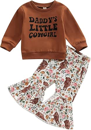 Amazon.com: Karuedoo Toddler Baby Girl Western Outfit Daddy's Little Cowgirl Sweatshirt Top Cow ...