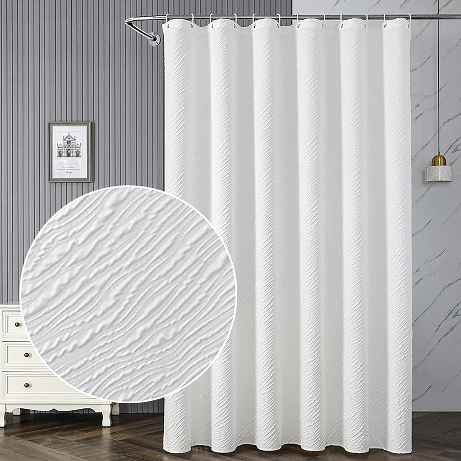 Amazon.com: MEHOFOND White Shower Curtain for Bathroom, Waves Embossed ...