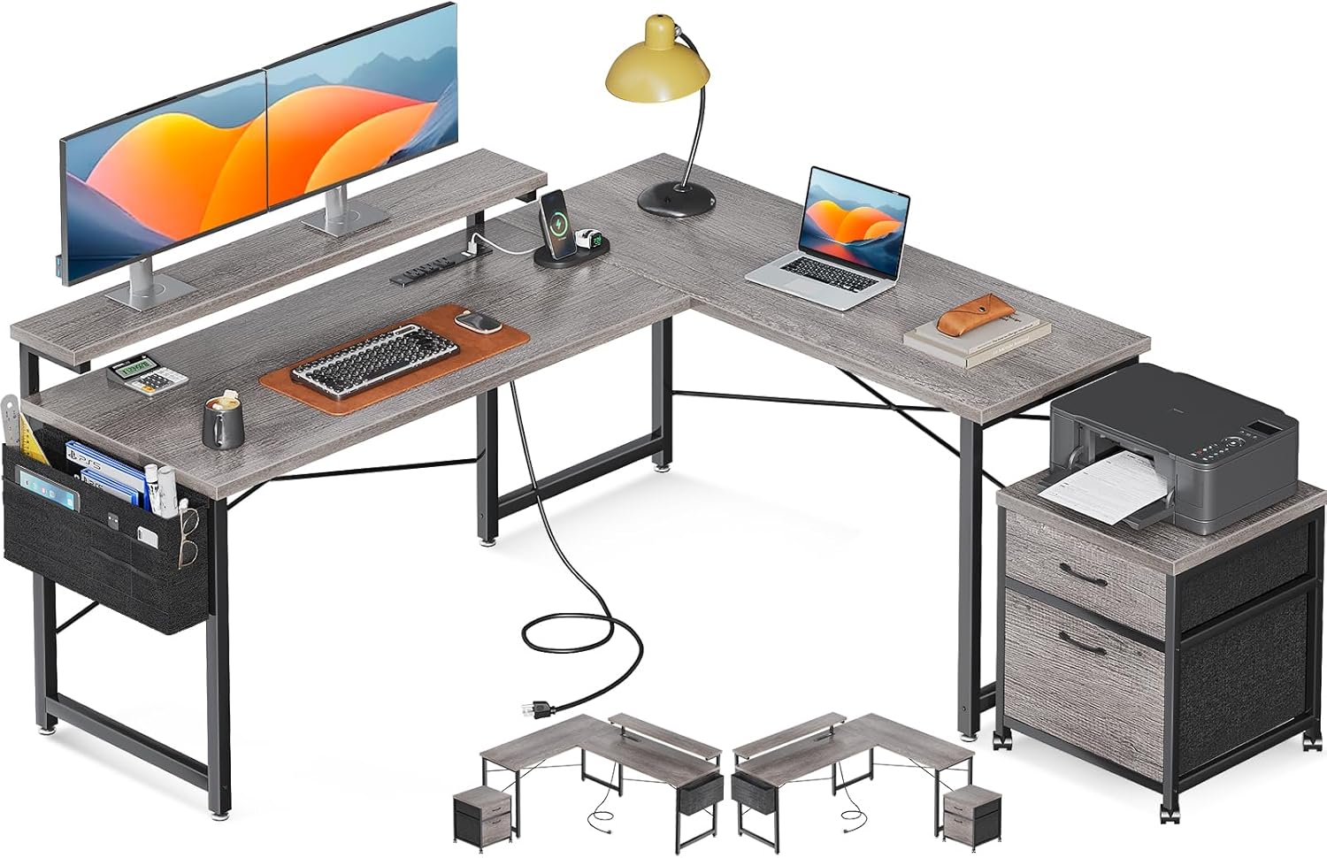 Amazon.com: AODK L Shaped Computer Desk, 55" Office Desk with File Cabinet, Power Outlet and ...