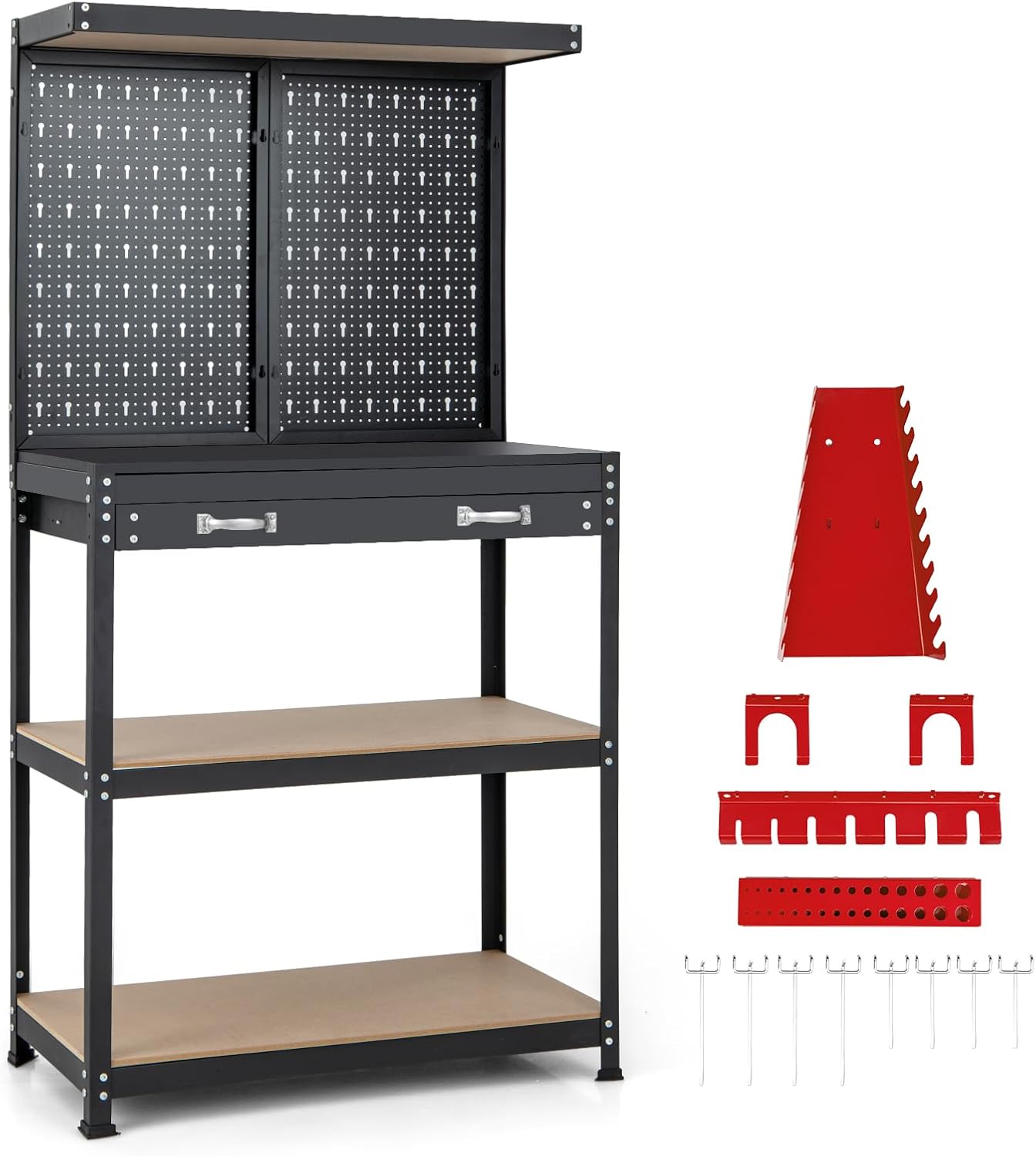 GiantexUK Workbench with Pegboard, Metal Frame Garage Work Bench with ...