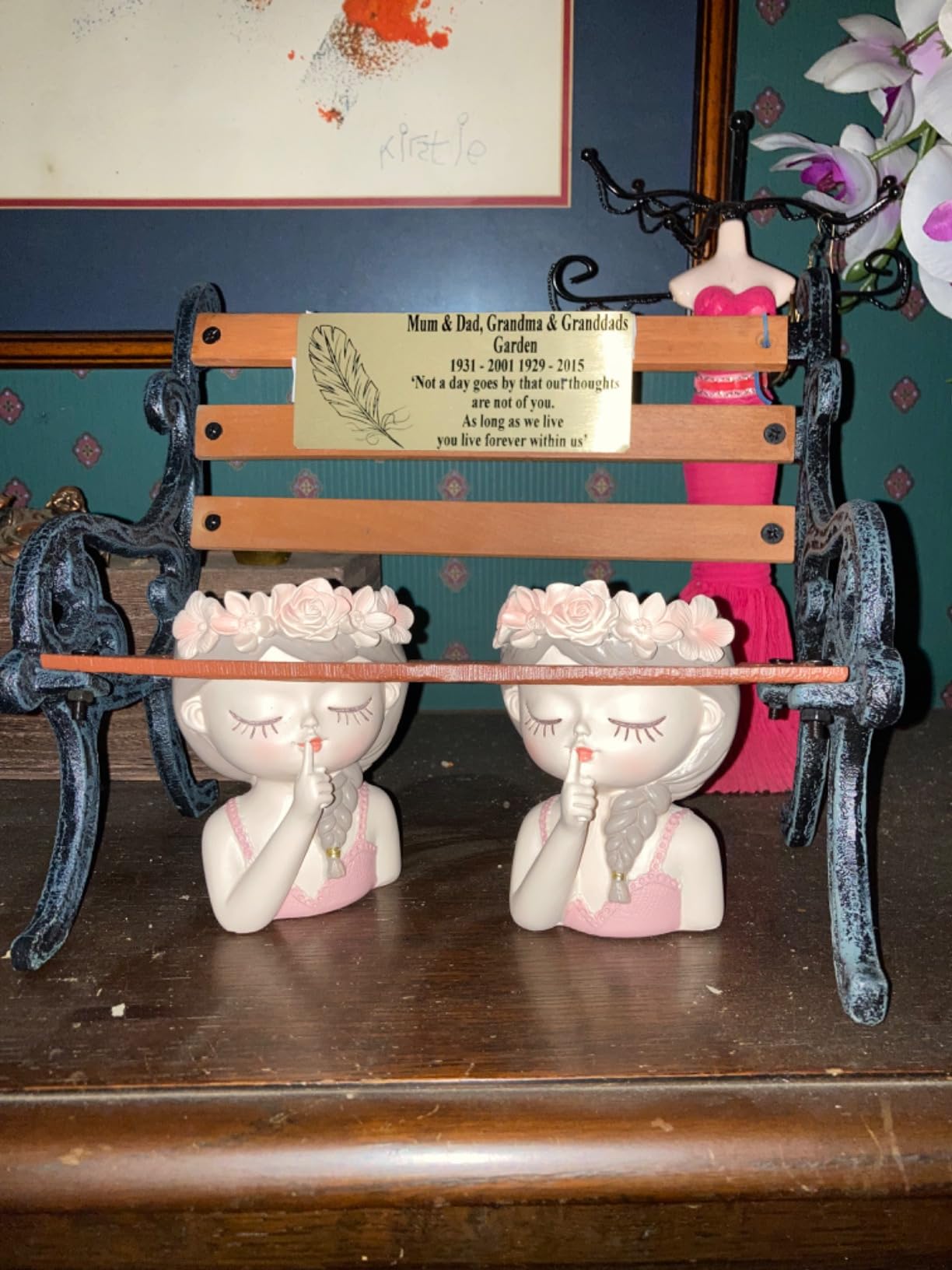 Relaxdays Mini Flower Bench, Wood & Cast Iron, Flower Holder for 2 Pots ...