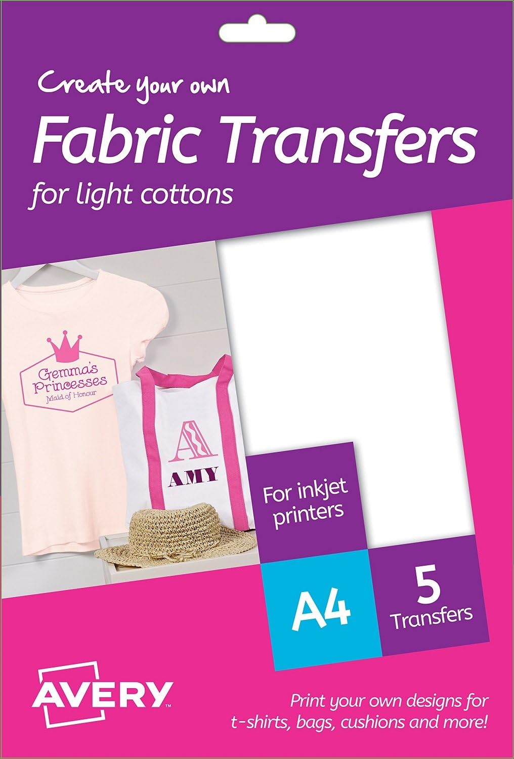 Avery MD1001 A4 Printable Fabric Transfers for Light Cottons, Inkjet ...