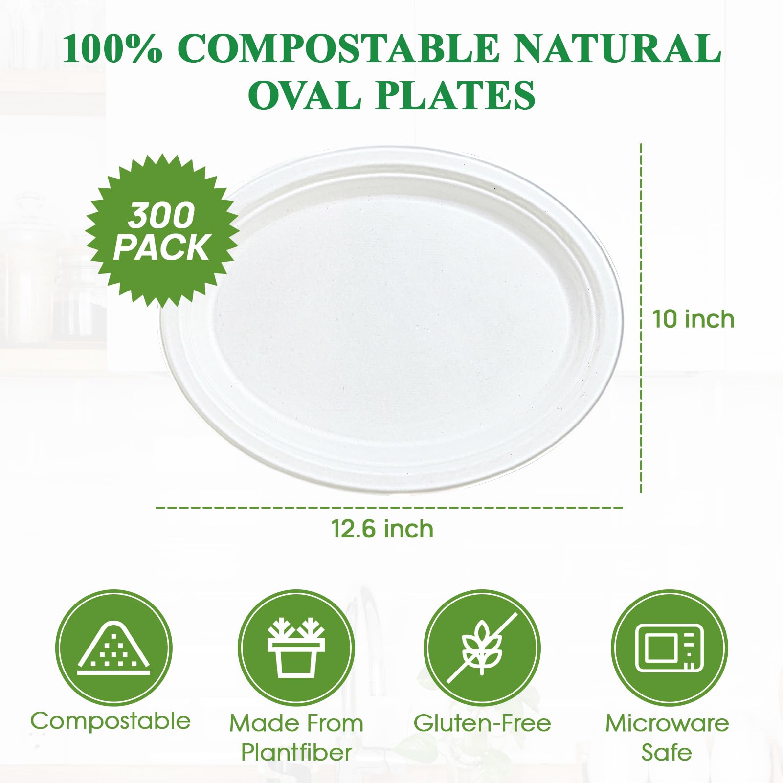 Vplus 300 Pack 100% Compostable Oval Paper Plates 12 inch Super Strong ...