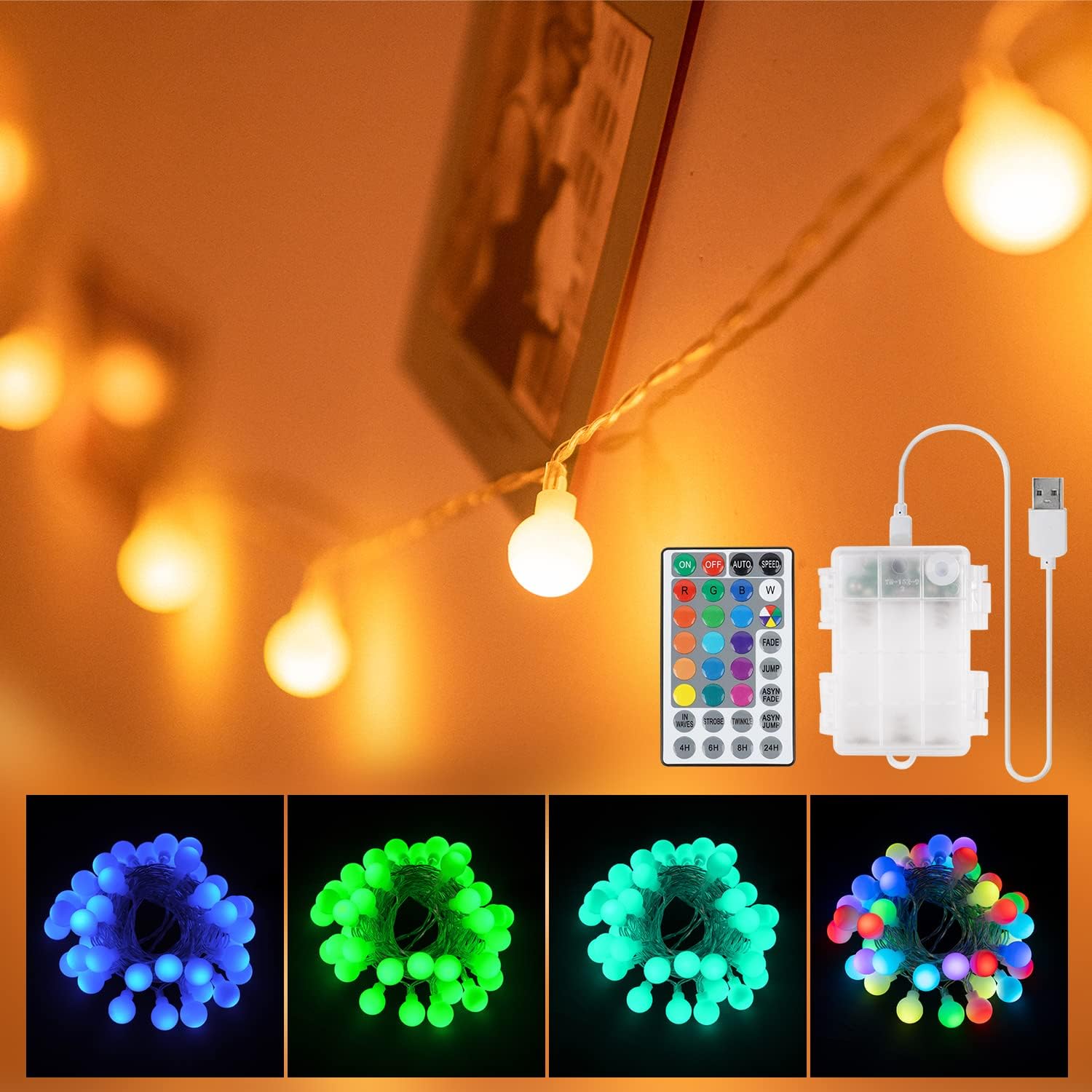 Battery Operated String Lights, 40 LED 16 Colors Globe Battery String ...
