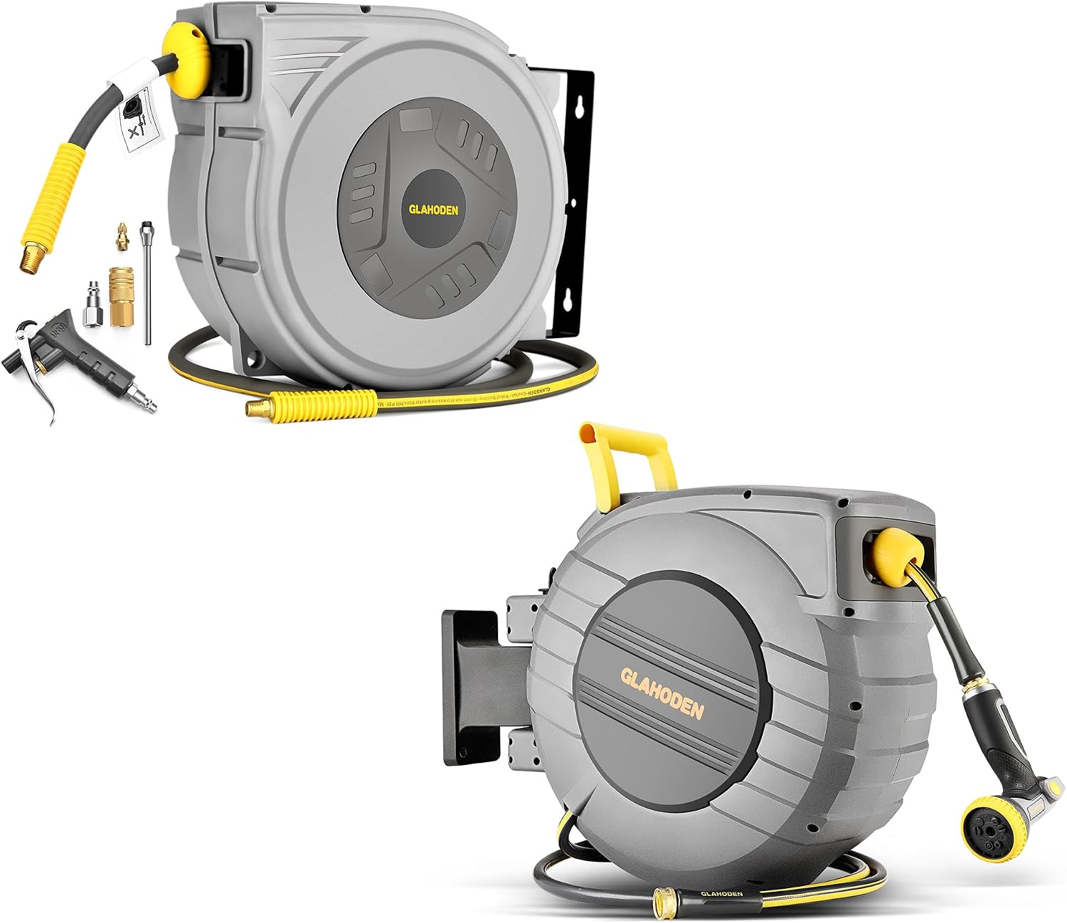 GLAHODEN 3/8 in x 75 Ft Enclosed Retractable Air Hose Reel & 1/2 in x ...