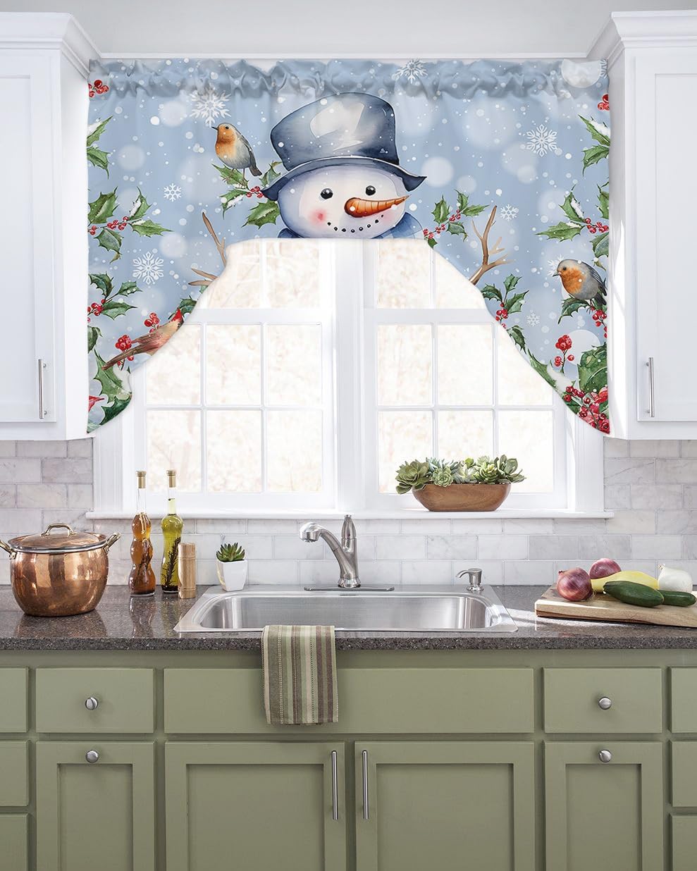 Amazon.com: Jolunifun Snowman, Swag Valance Kitchen Curtains, Rod ...