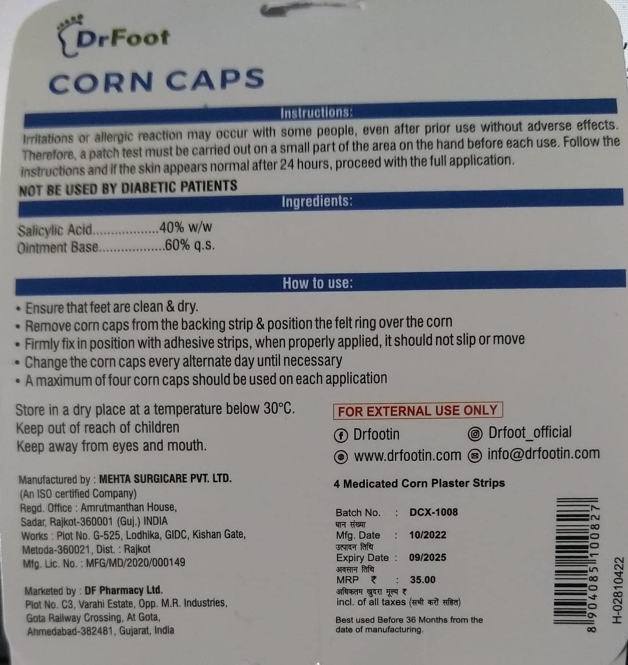 Buy Dr foot Corn Caps 40 Strips Medicated Plaster Bandage Skin Friendly ...