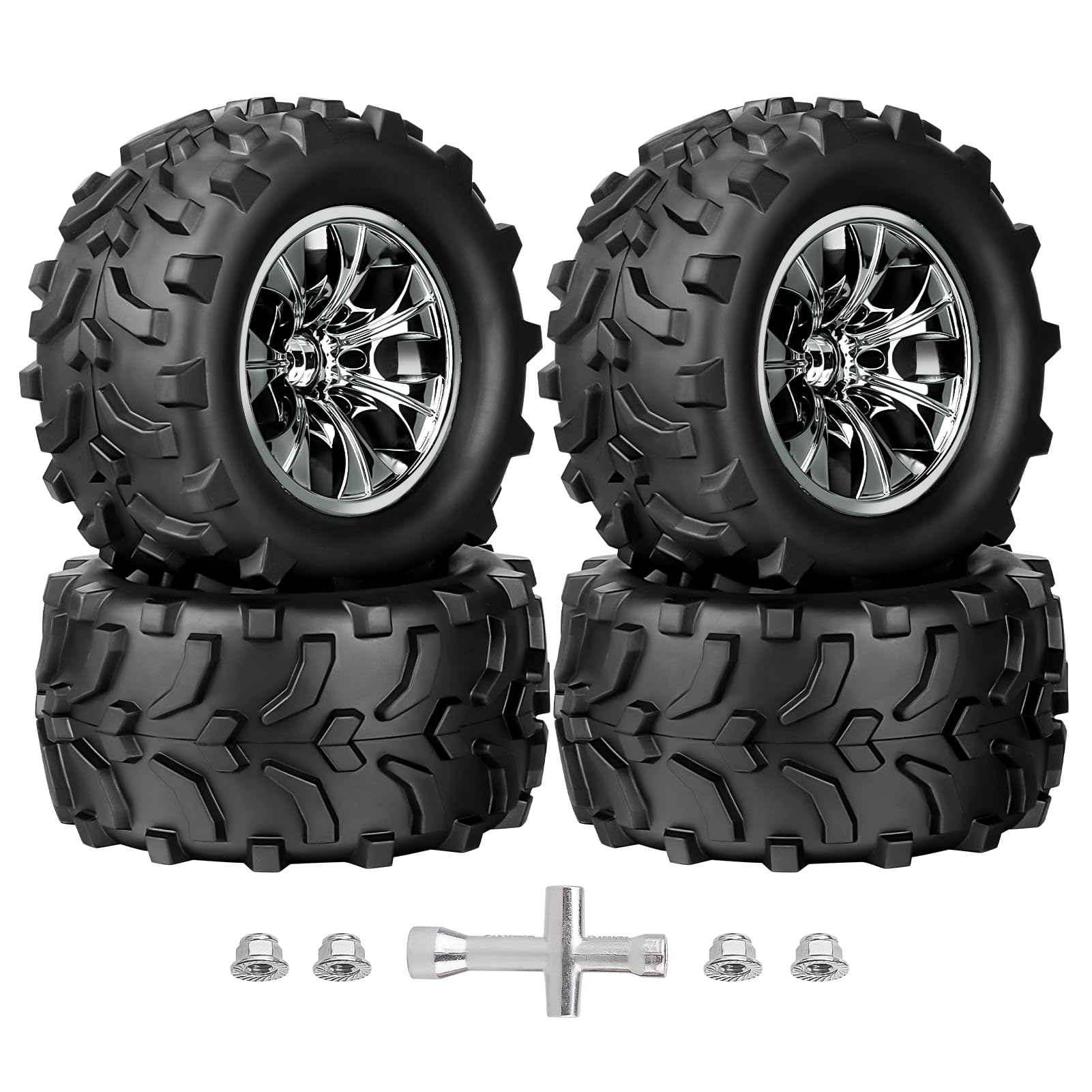 Amazon.com: HobbyPark Pre-Glued RC Truck Tires and Chrome Wheels 12mm ...