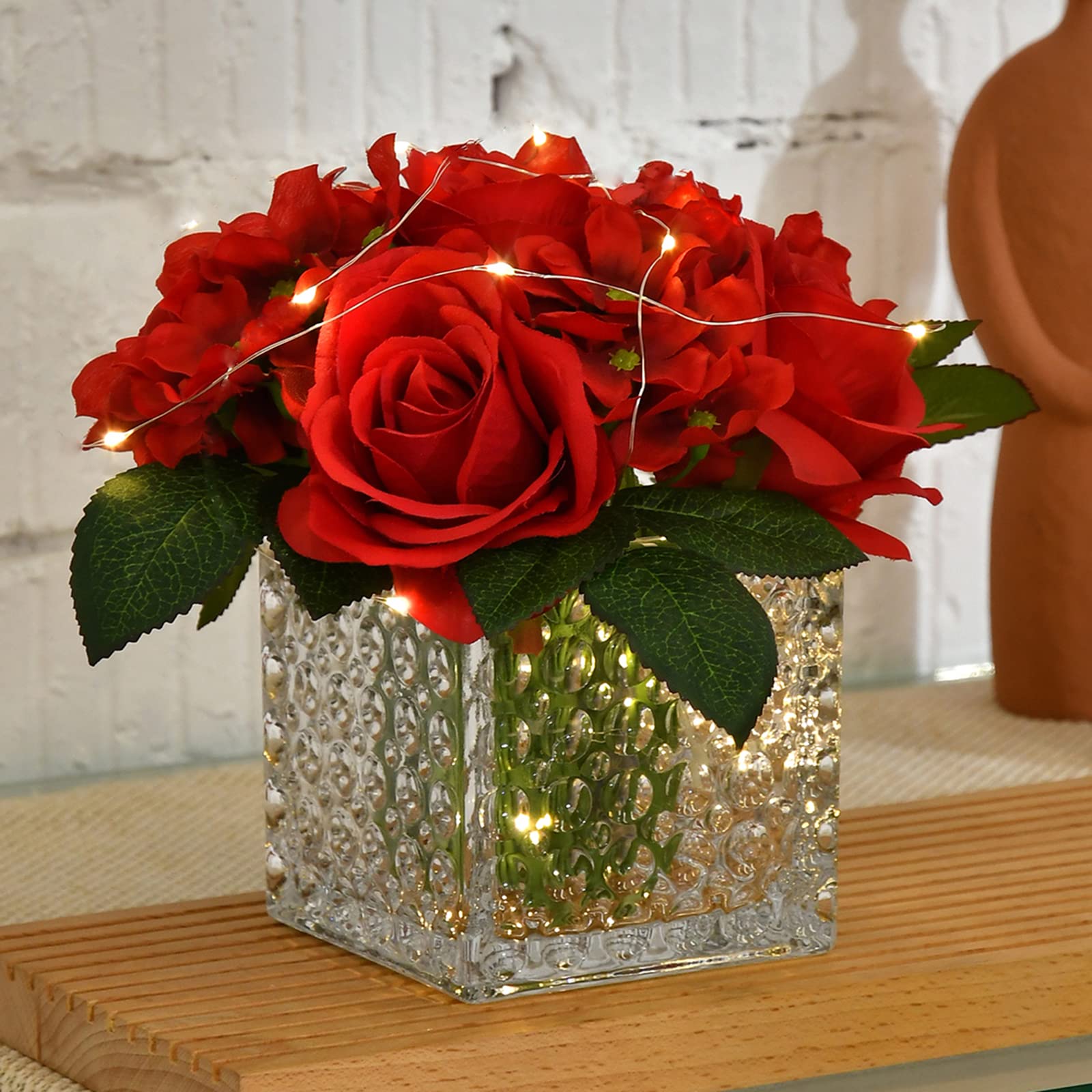 Fule Artificial Silk Rose Flower Centerpiece Arrangement in Glass Vase ...