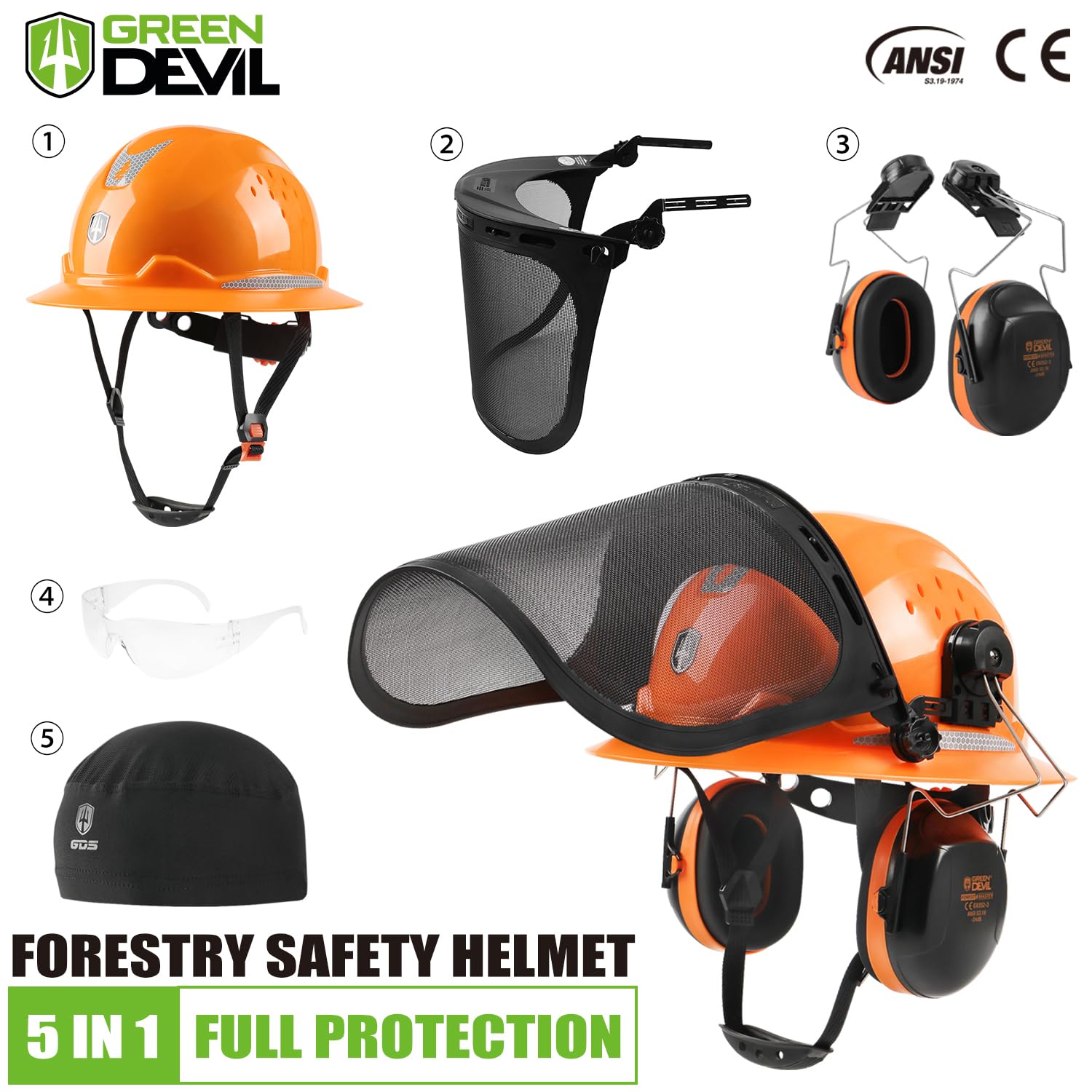 GREEN DEVIL Chinsaw Helmet Full Brim Style Arborist Helmet Ventd ...