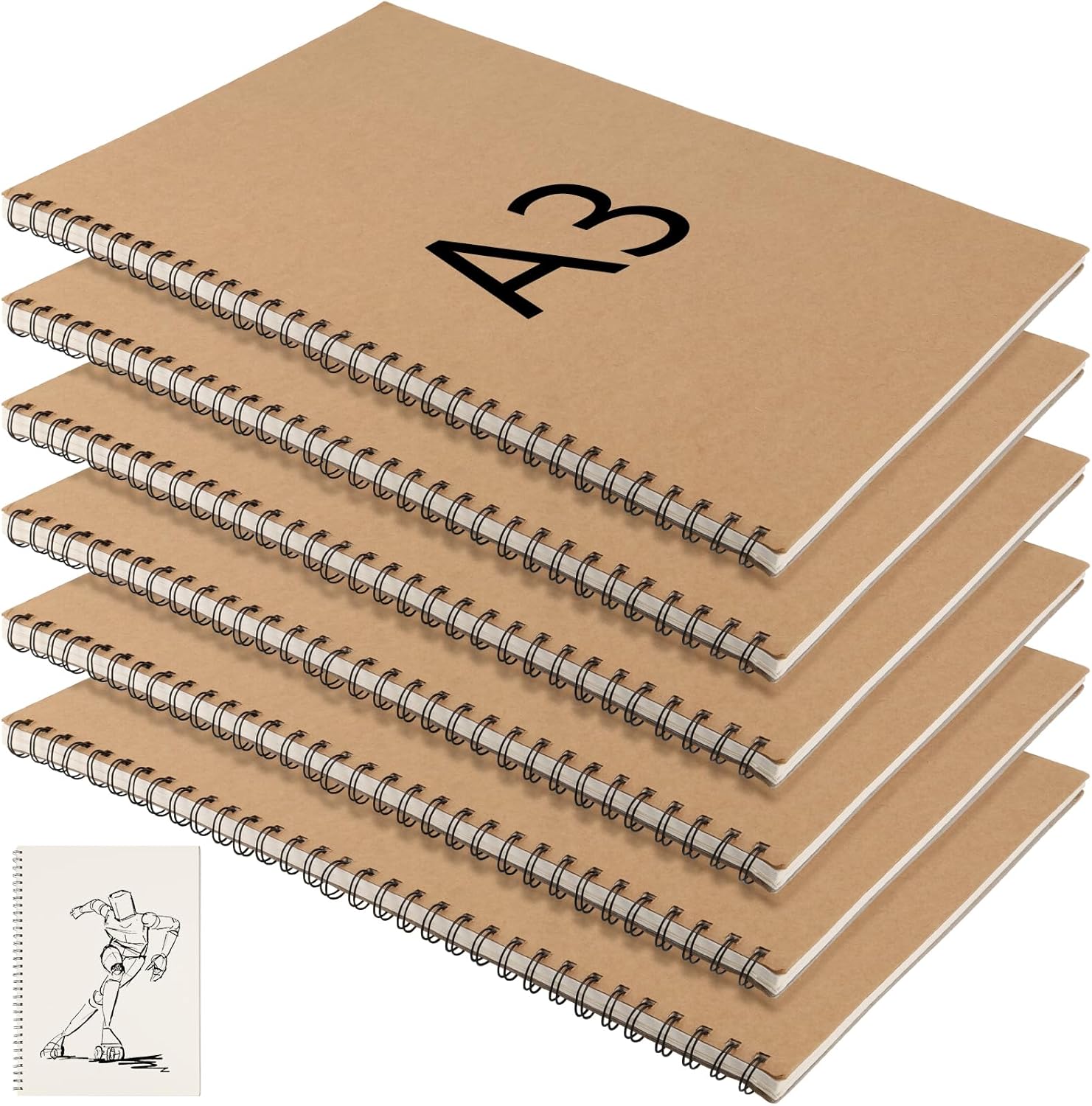 KOHAND 6 Pack A3 Sketchbook, 420 x 297mm Kraft Spiral Bound, 30 Sheets/60 Pages Blank Paper ...