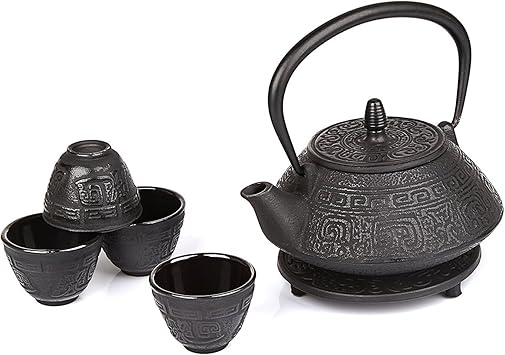 Amazon.com | 6 Piece Japanese Cast Iron Pot Tea Set Black w/Trivet (26 ...