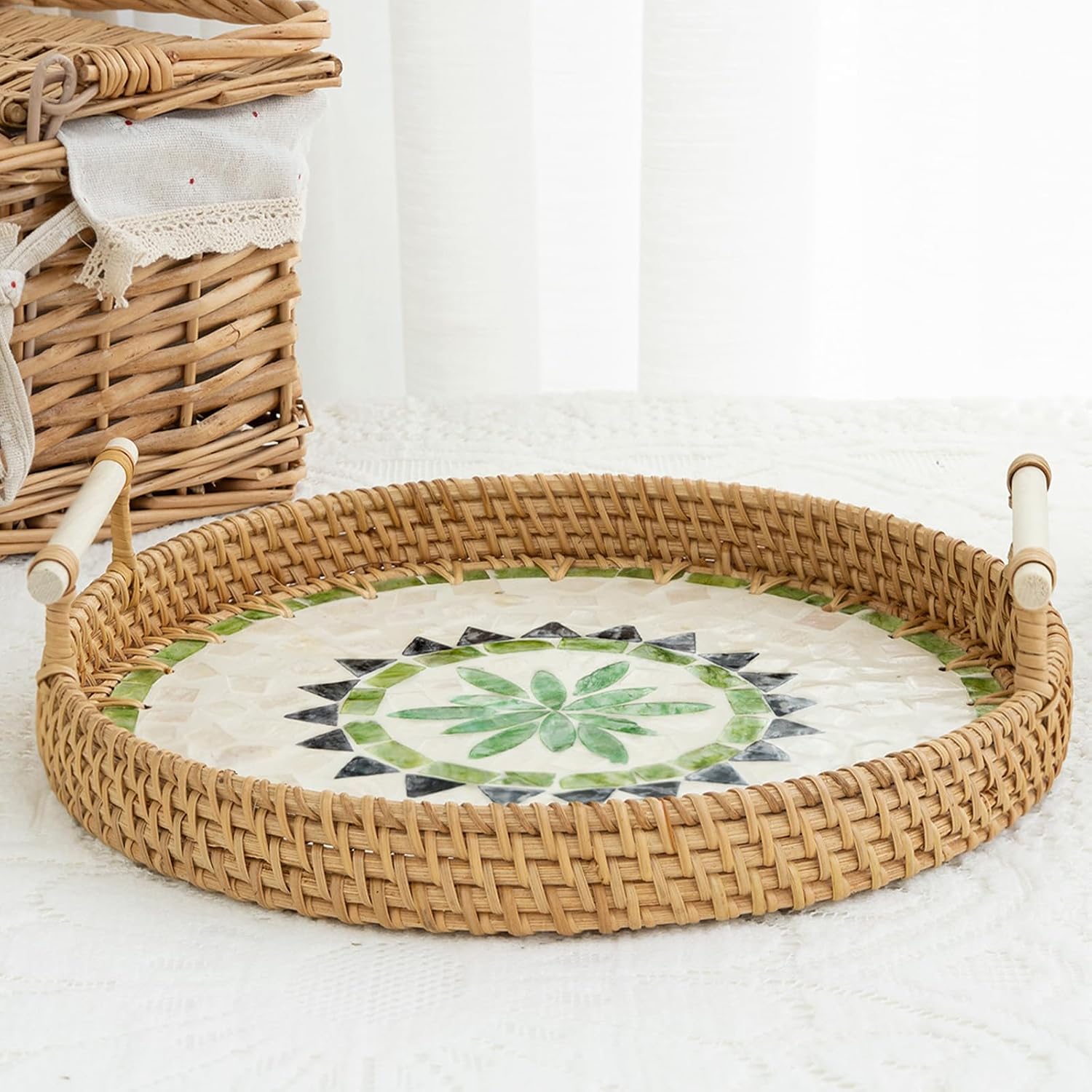 Amazon.com: MODUSKYE Boho Rattan Serving Tray, Round Woven Shell Base ...