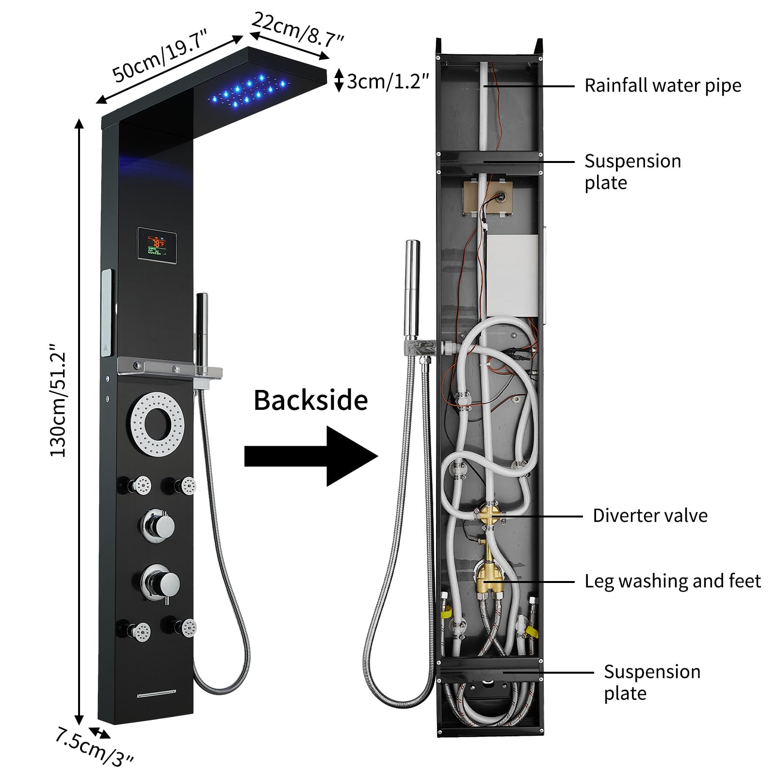 RUMOSE Matte Black Shower Panel Tower System, 5-Function Shower Faucet Set LED Light Rainfall ...