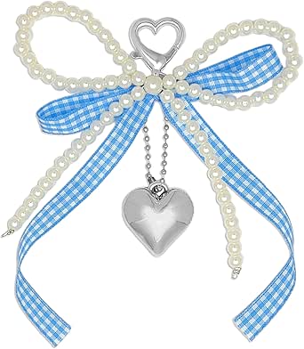 Nalefow Cute Pearl Keychain for Women, Silver Big Heart Pearl Bow ...