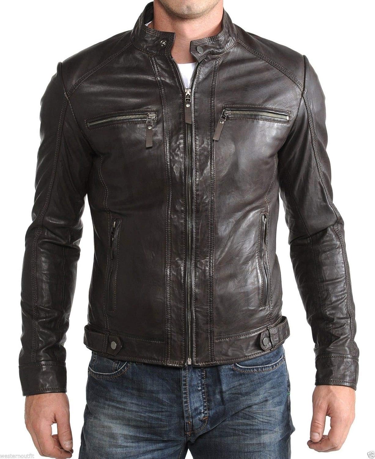 Woojo Men's Leather Biker Jacket WJ043 (X - Large) at Amazon Men’s ...