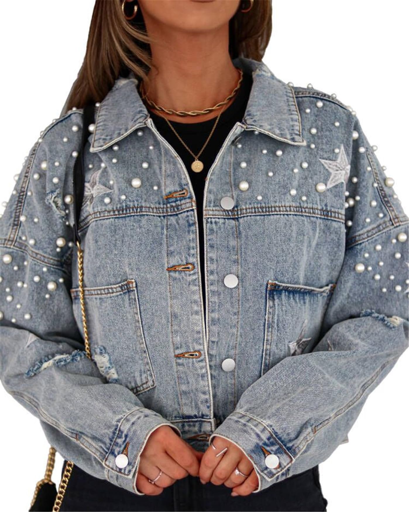 Women Denim Distressed Jacket Casual Star Embellished Denim Jacket with ...