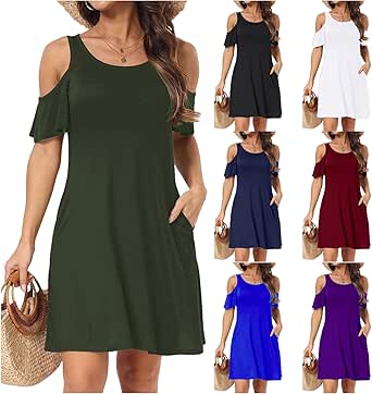 QXQYGRZ Womens Cold Shoulder Midi Dresses Casual Swing Shirt Sundress ...