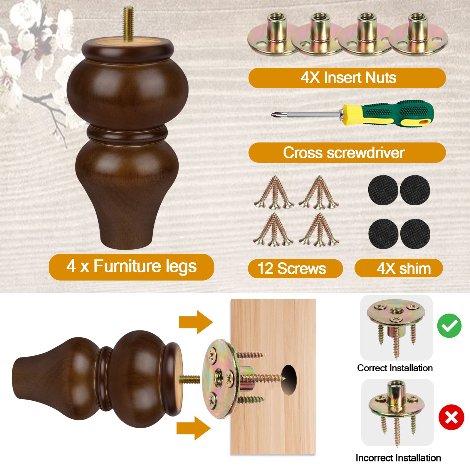 Wood Furniture Legs -Sofa Legs Set of 4,Couch Legs 6 inch Round,Mid ...