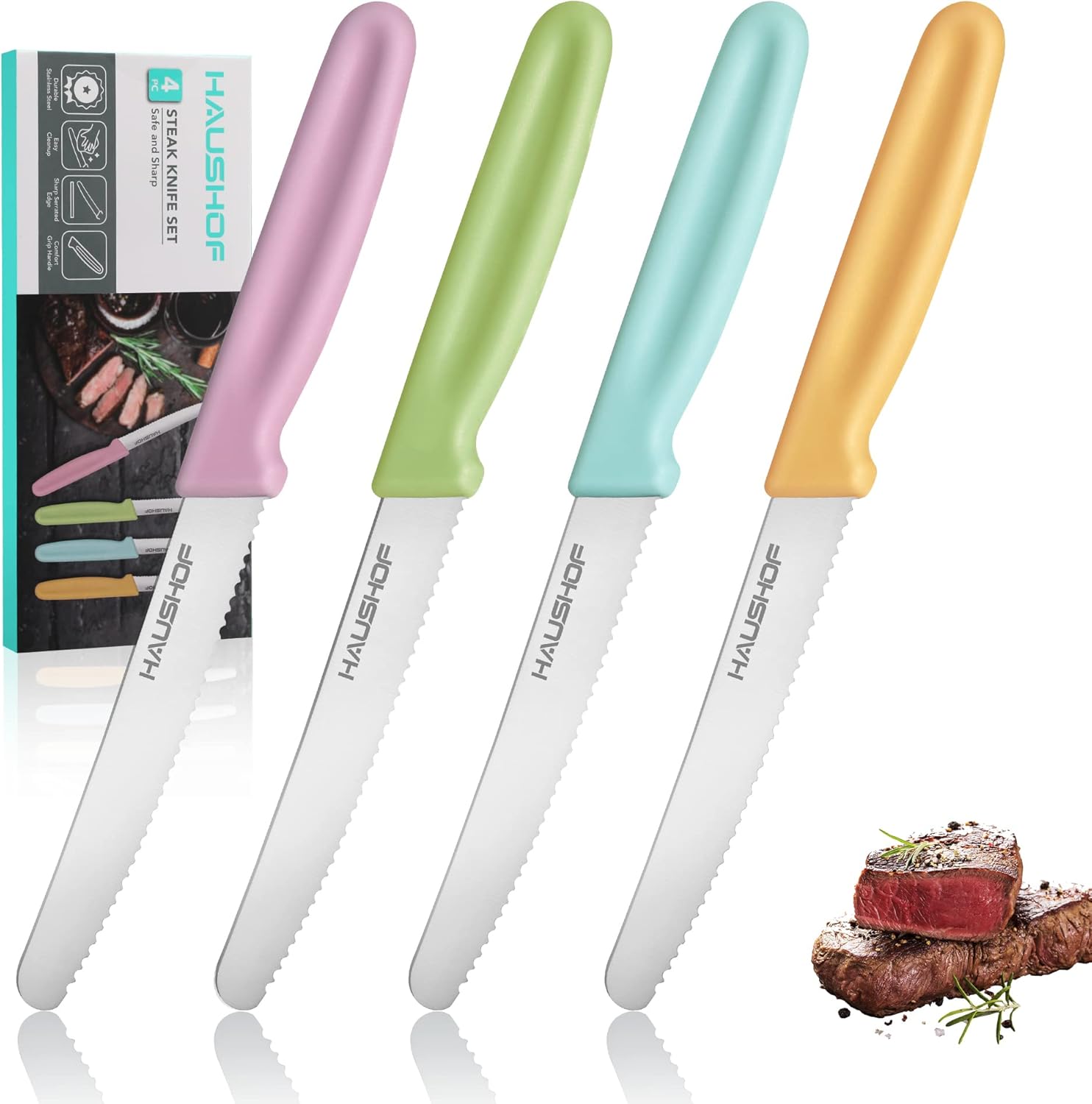 HAUSHOF Steak Knives Set of 4, Serrated Steak Knives, Premium Stainless ...