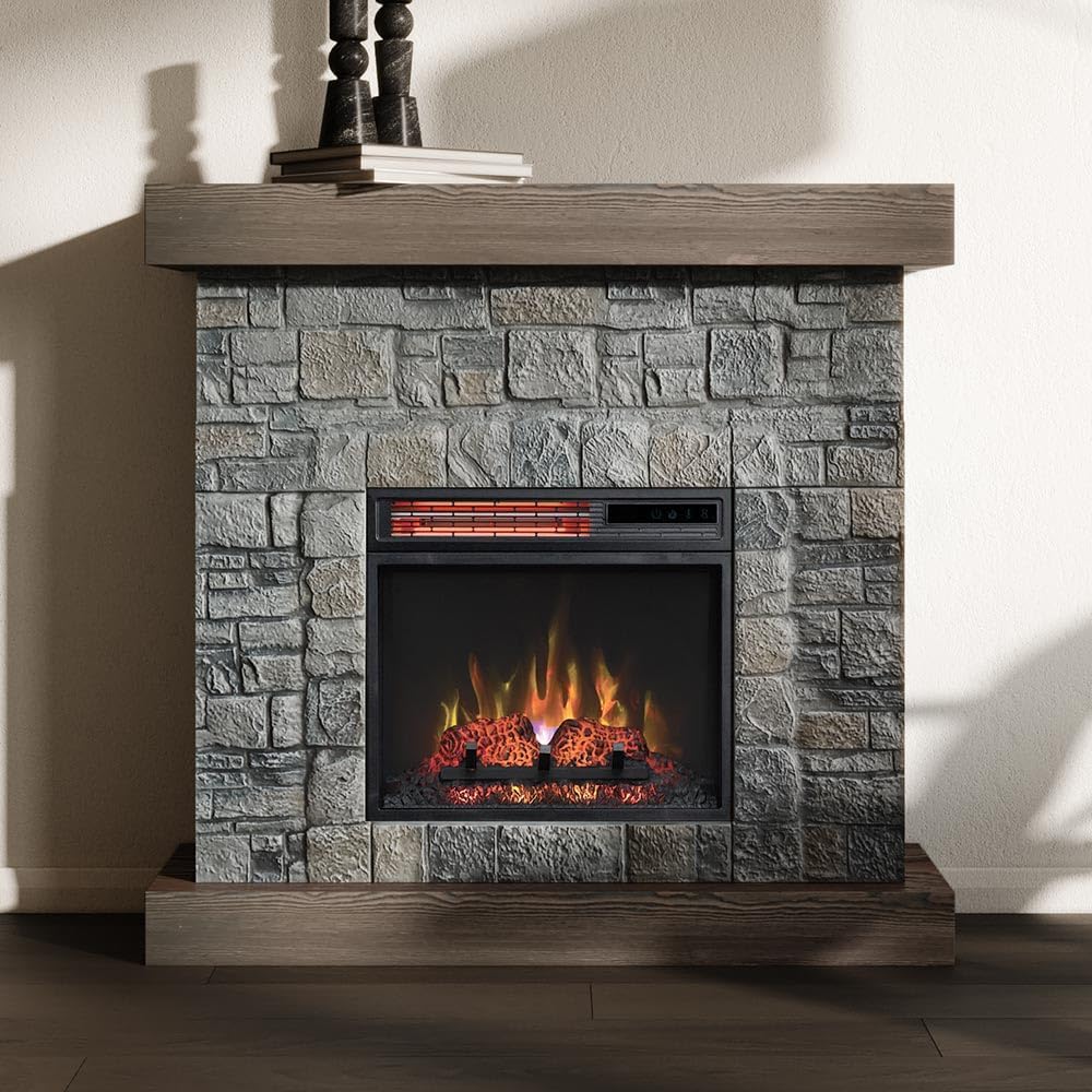 Amazon.com: Modern Ember Raeford 40 Inch Wood Fireplace Mantel with Stone Brick Surround and 18 ...