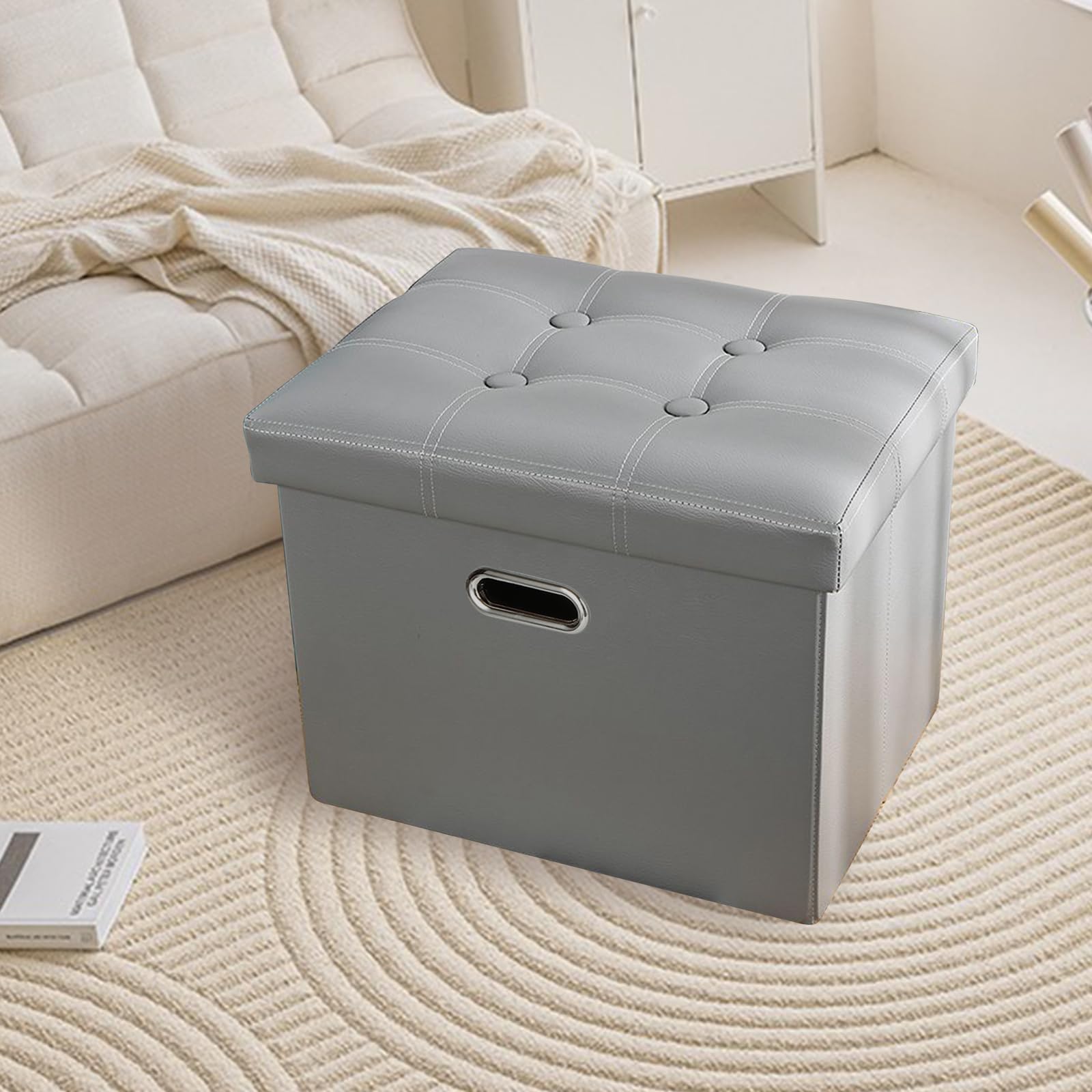 CYEER 2 Pack Faux Leather Footstool with Storage, Foldable Grey Ottoman ...