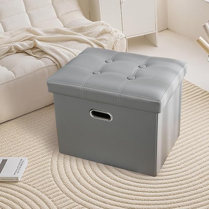 CYEER 2 Pack Faux Leather Footstool with Storage, Foldable Grey Ottoman ...