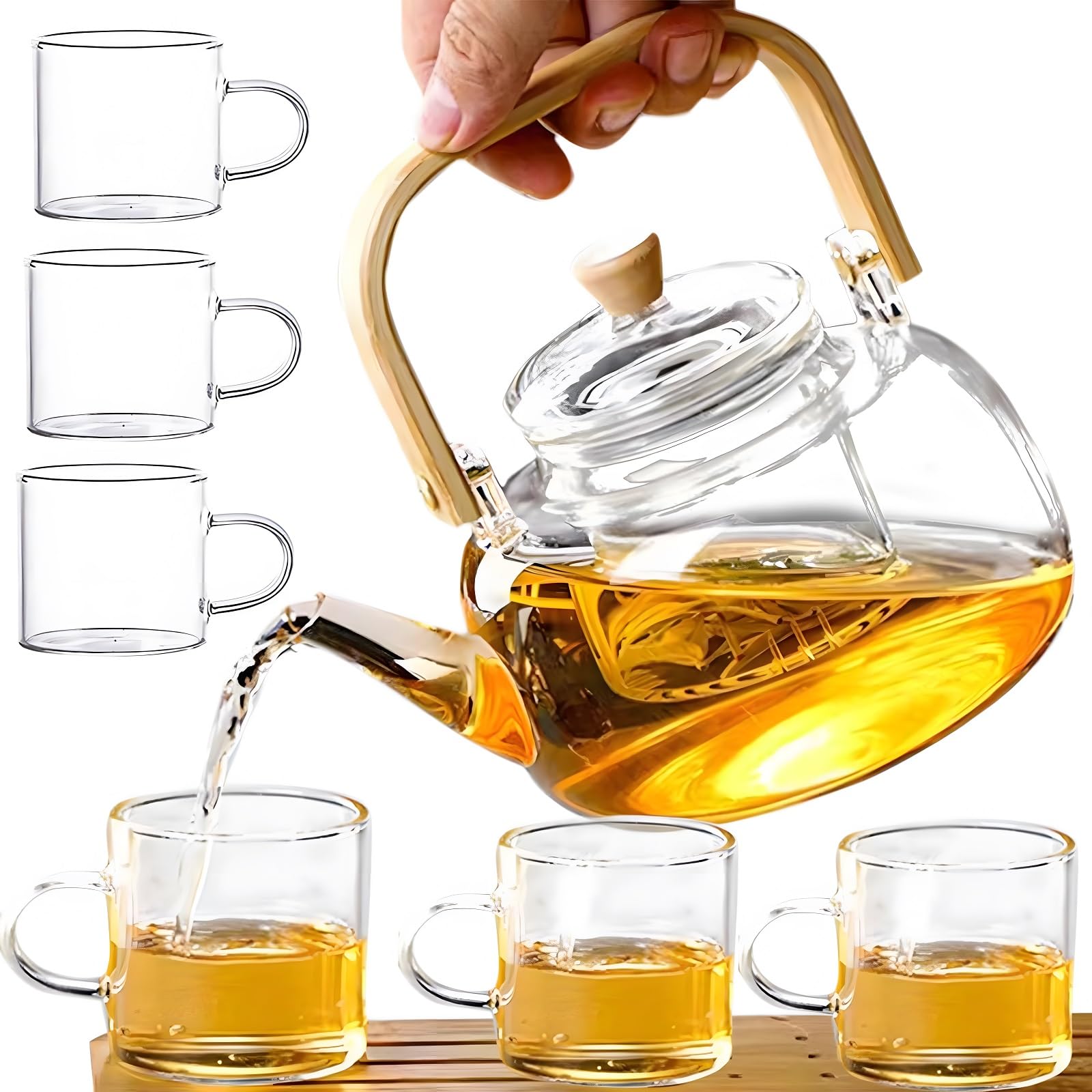 Glass Teapot Set with 6 Tea Cups,Tea Kettle Stovetop with Removable ...