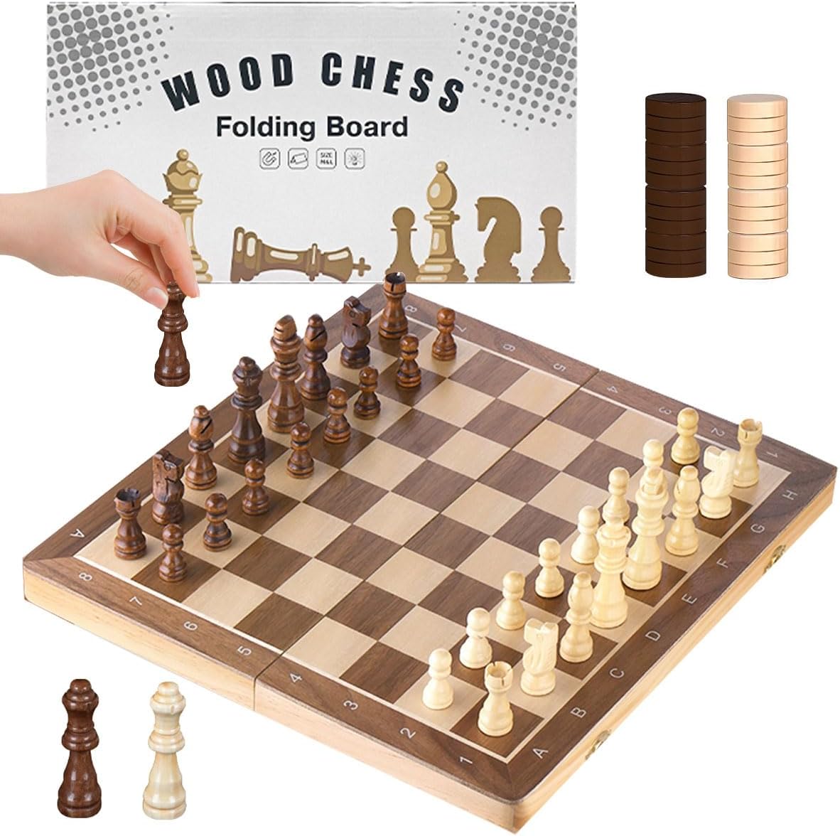 Chess Board Set Game Wooden Magnetic Chess Kit, Portable Checkers Board ...