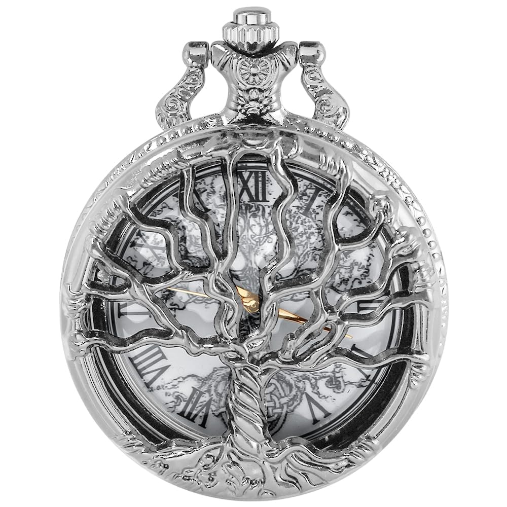Tiong Silver Hollow Tree of Life Design Pocket Watch Roman Numerals ...