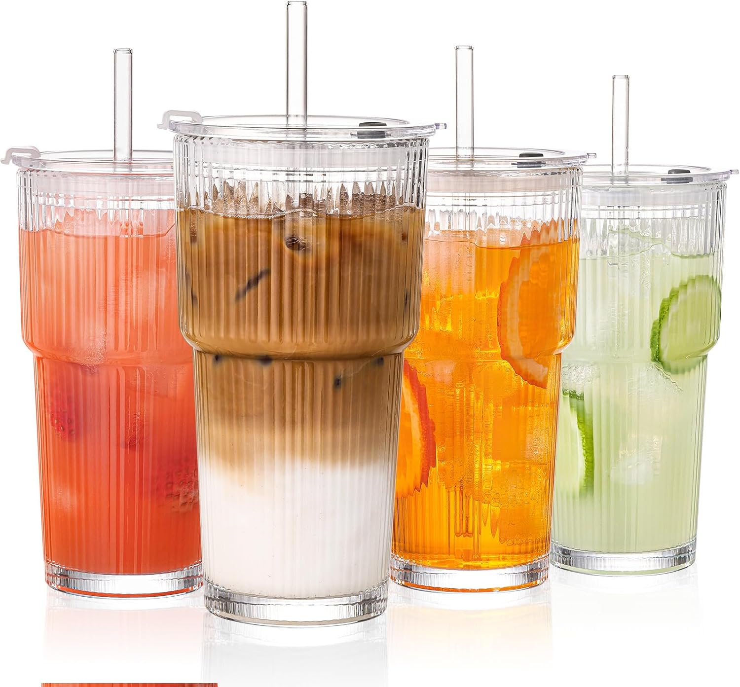 Amazon.com | GOSCHE 20oz Glass Tumblers with Straws and Lids, Ribbed ...