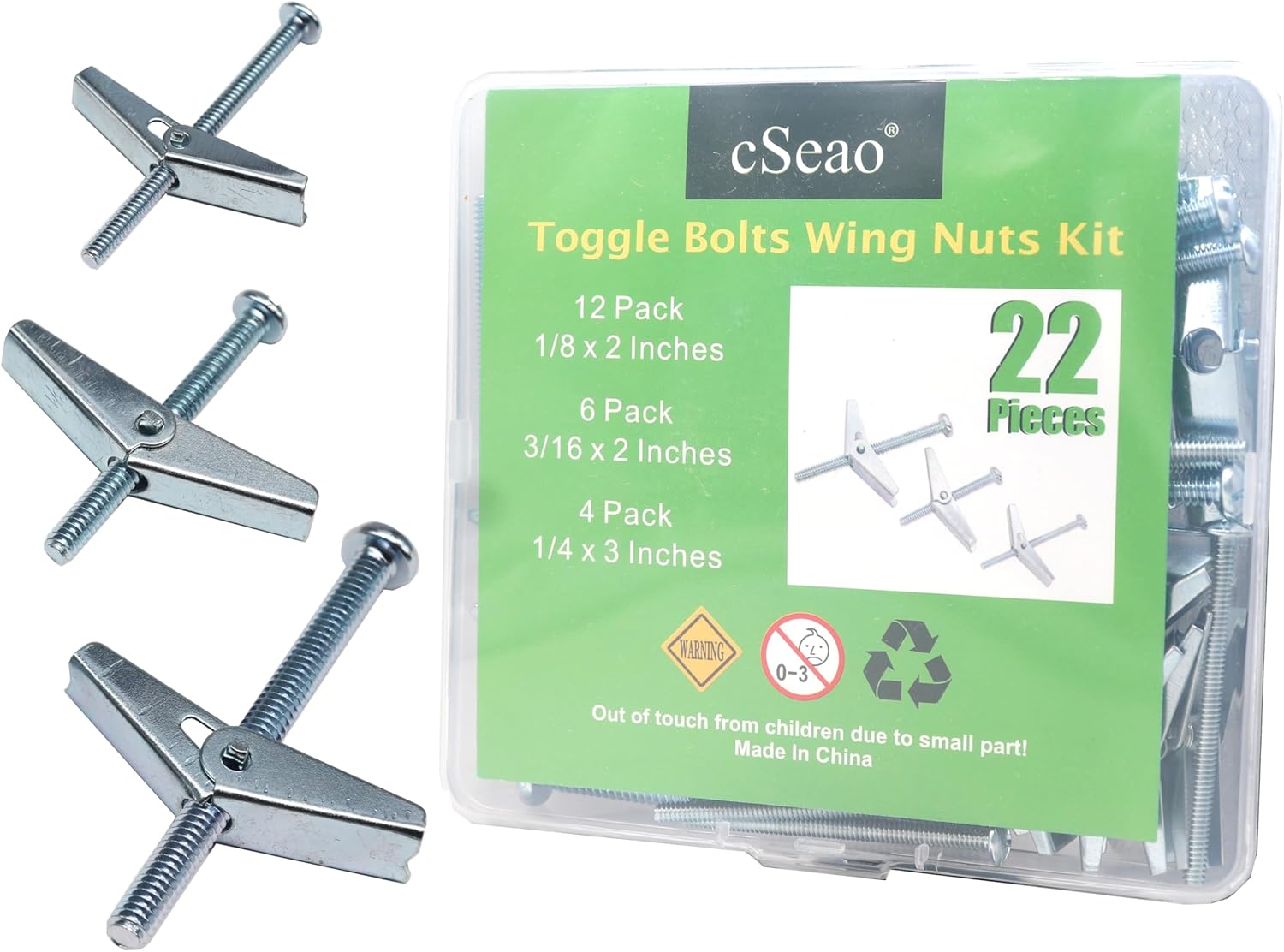 cSeao 24-Pack Spring Toggle Bolt Assortment Kit, Imperial 1/8 1/4 3/16 ...