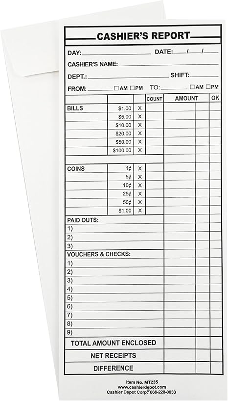Amazon.com : 2500 Cashier Depot MT235 Cashier's Report Envelope, 4 1/2 ...