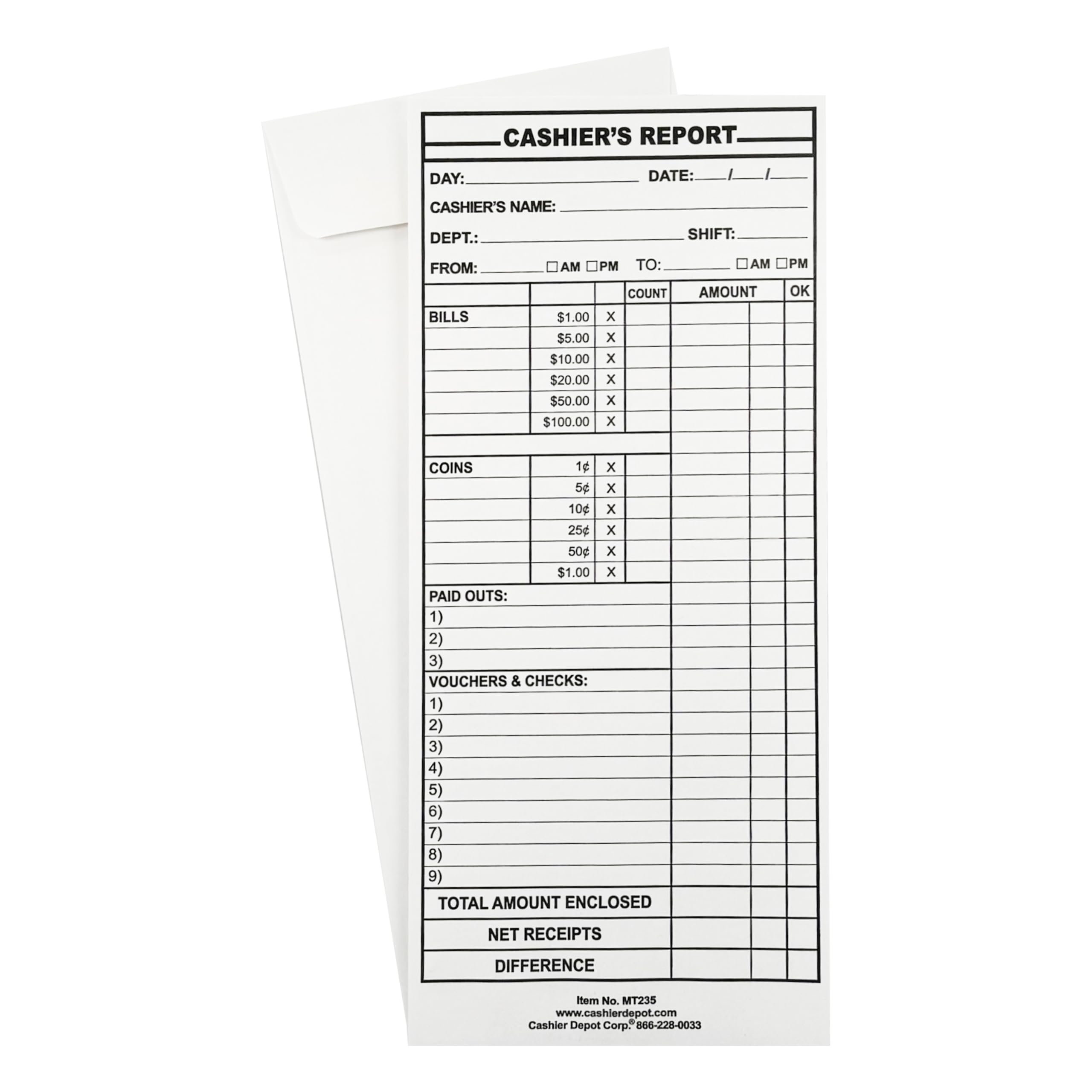 Amazon.com : 2500 Cashier Depot MT235 Cashier's Report Envelope, 4 1/2 ...
