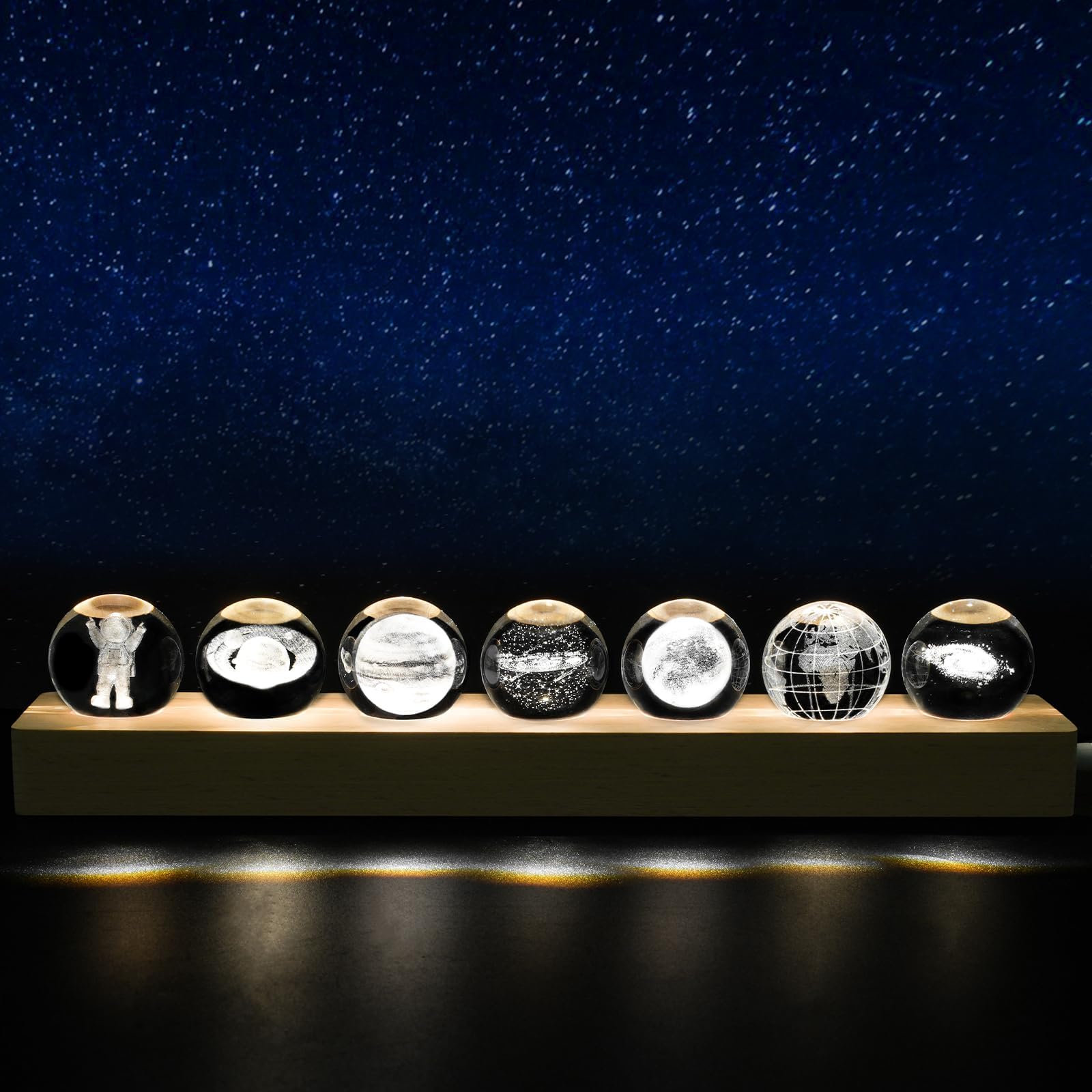 Eicxjui 7Pcs Planet Crystal Ball Night Light with LED Wooden Base Solar ...