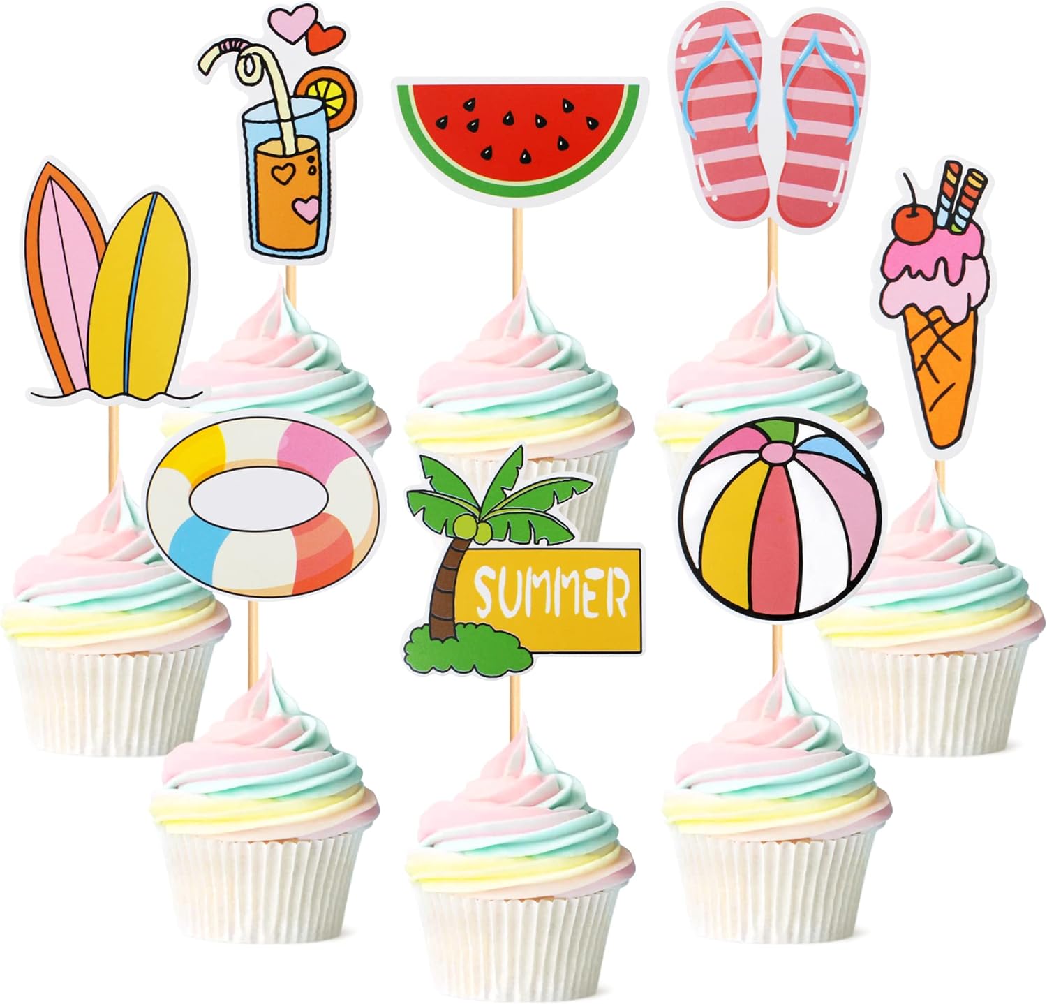 Blumomon 32Pcs Summer Beach Pool Cupcake Toppers Watermelon Ice Scream ...