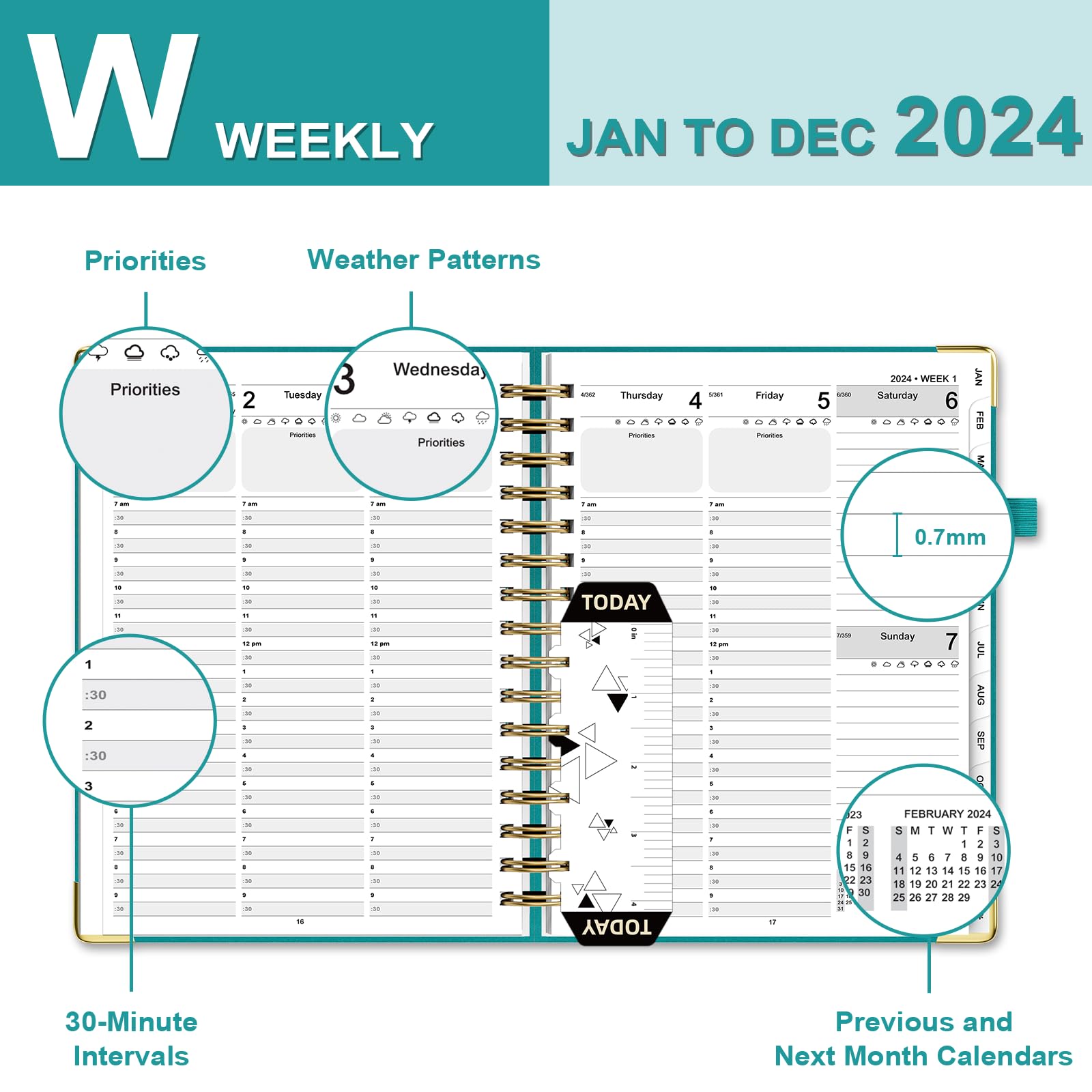 Snapklik.com : 2024 Weekly Planner Spiral Bound Hourly Planner Monthly ...