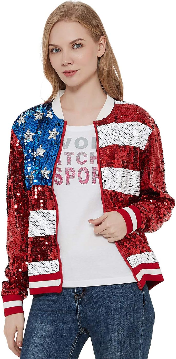 ANNA-KACI Womens Patriotic American USA Flag Sequin Front Zip Jacket ...