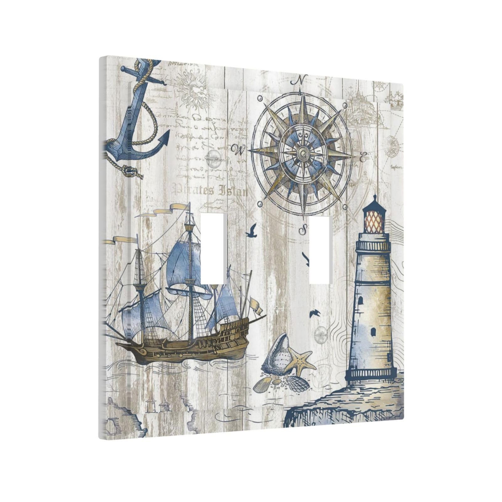 Compass Anchor Lighthouse Nautical Sailboat Wooden 2 Gang Double Toggle ...