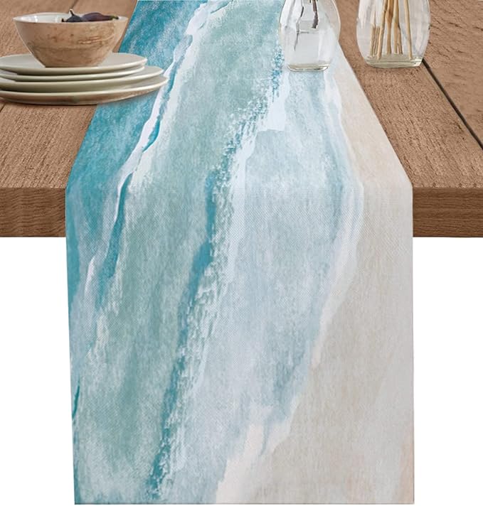 Amazon.com: Coastal Beach Blue Table Runner, Ocean Sea Waves Dining ...