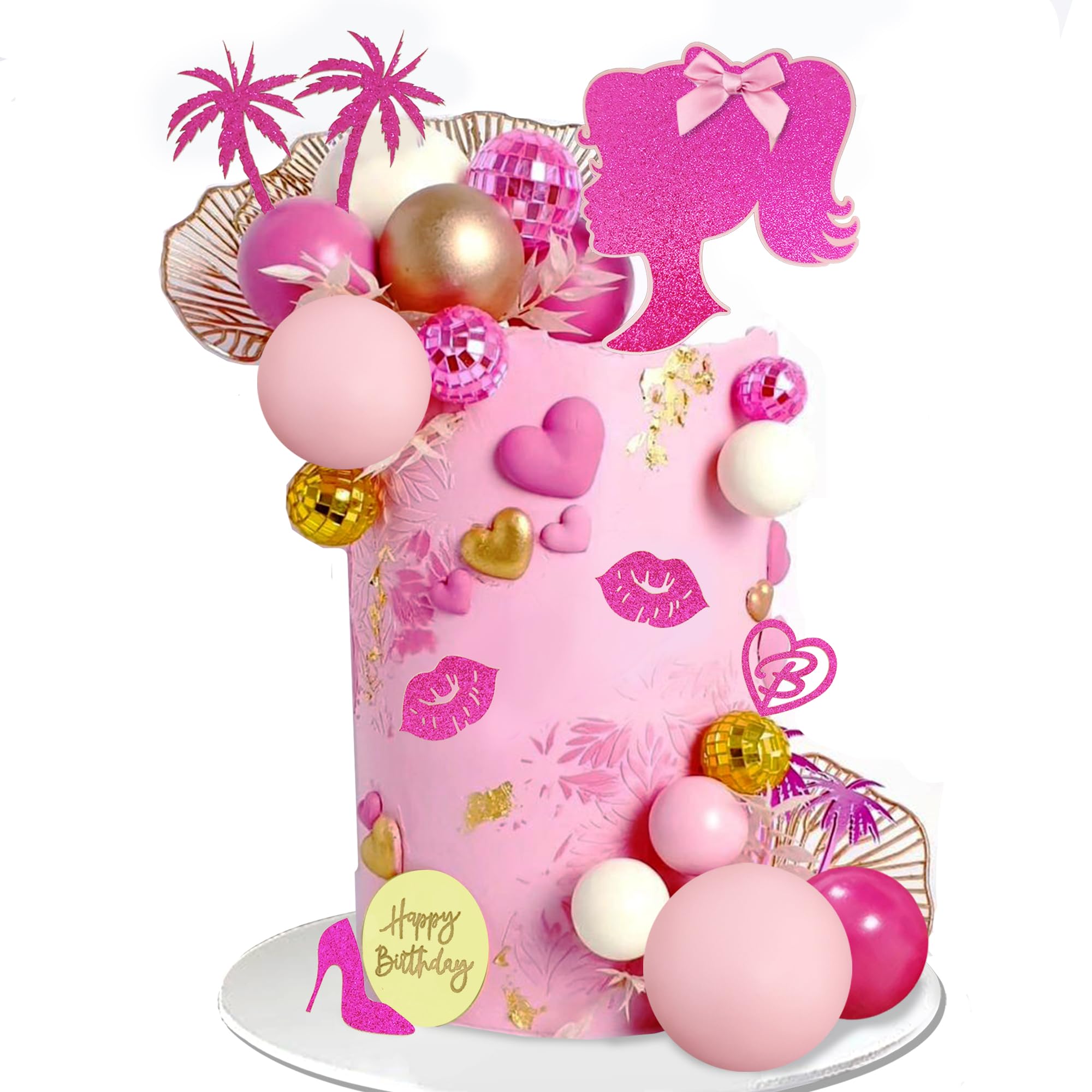 Amazon.com: DRWATE Hot Pink Girl Cake Topper with Pink and Gold Balls ...